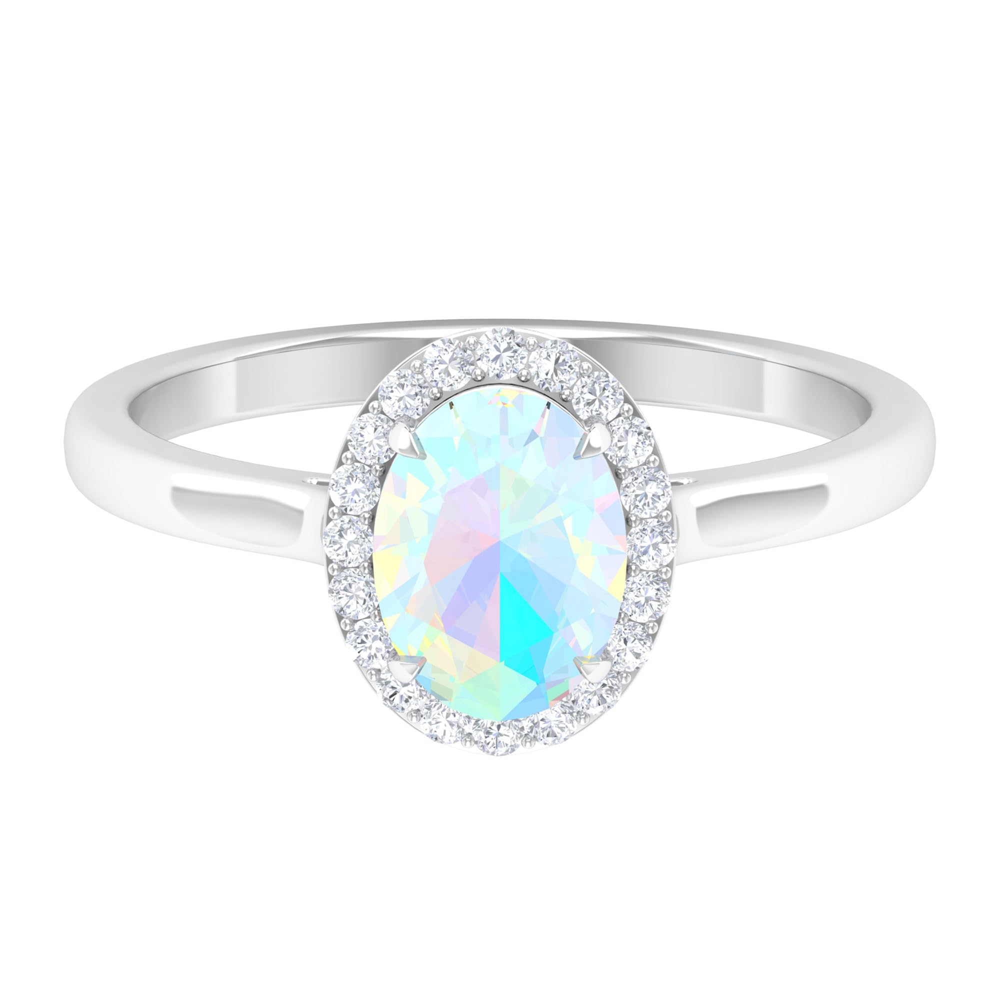 Rosec Jewels Natural Ethiopian Opal Halo Engagement Ring with HI-SI Diamond | 1.50 Cttw | AAA Quality, 14K White Gold, Size:US 4.50