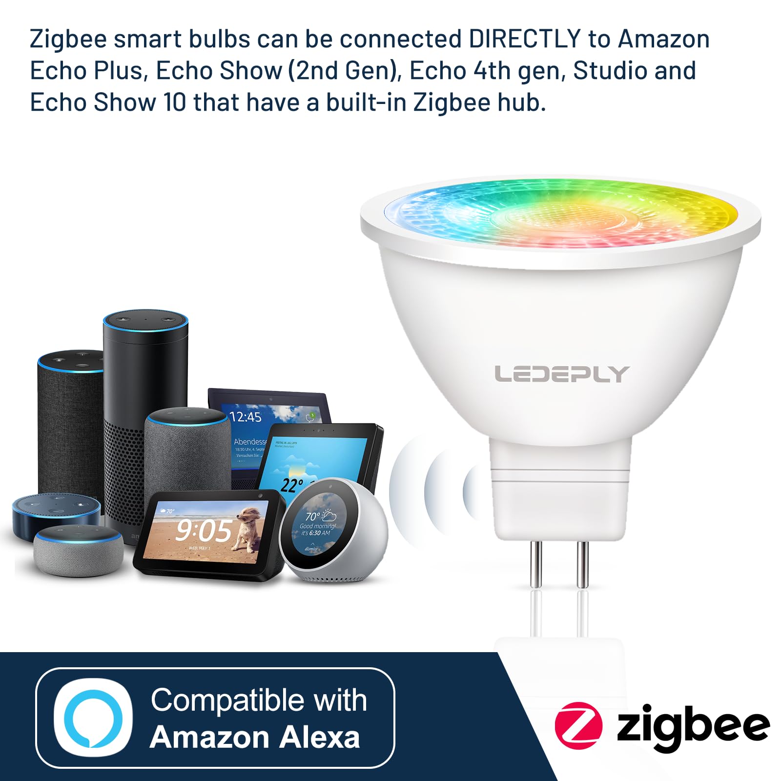 Zigbee MR16 LED Smart Bulb, Hub Required, Compatible with Phi*Lip*s Hu*e*, Alexa, Google, & ConBee, 5W =50W, GU5.3, Dimmable, AC/DC 12V, Color Changing & Tunable White, 2-Pack