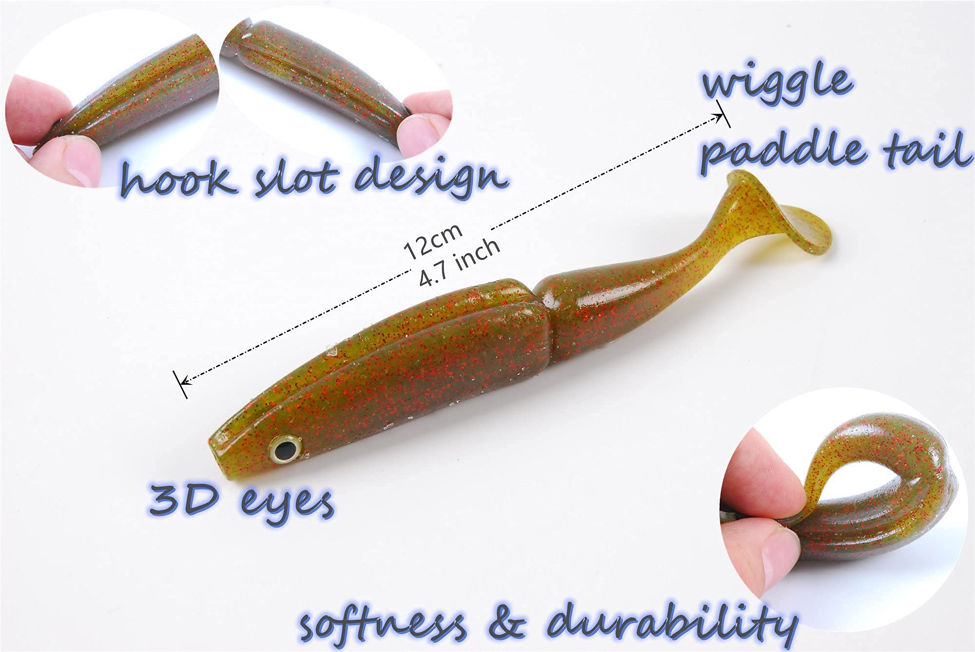 Papa.Jiang 4 PCS Soft Fishing Lure, Top Shad Artificial Lure Swimbaits, Wiggle Paddle Tail, Double color, Saltwater/Freshwater (Honey)
