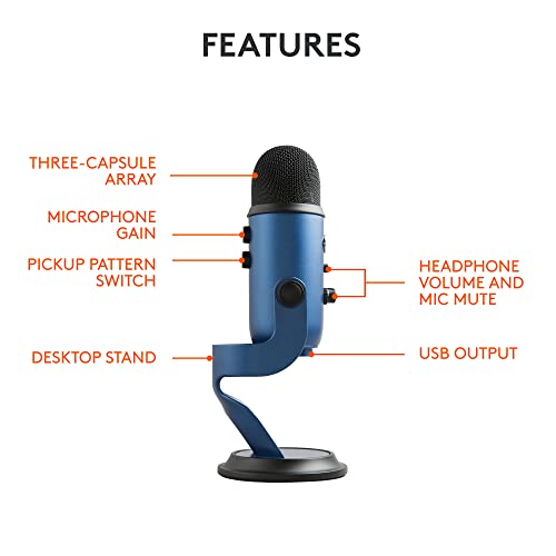 Logitech for Creators Blue Yeti USB Microphone for Gaming, Streaming, Podcasting, Twitch, YouTube, Discord, Recording for PC and Mac, 4 Polar Patterns, Studio Quality Sound, Plug & Play-Midnight Blue