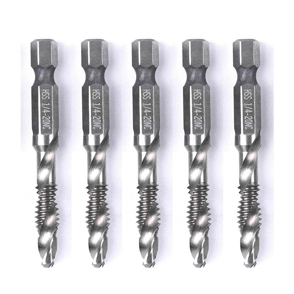 szgate 5PCS Combination Drill Tap Bit Set Screw Tapping Hex Shank HSS MetricImperial Plug Drill Bits Hand Tools 14-20NC