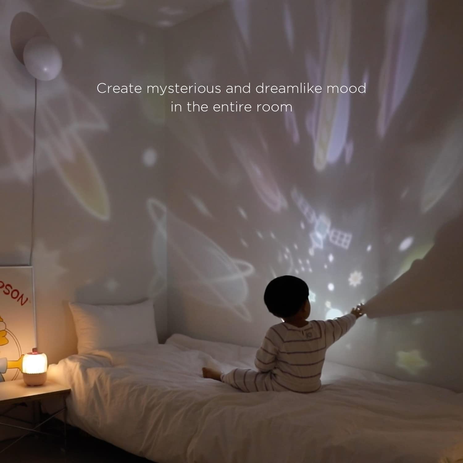 mooas Wonderland Rotating Projector Melody Nightlight (White), 360° Rotating Nightlight, Nightlight for Kids Baby Room, 4 Lighting Modes and 8 Melodies, 9 Theme Films, 1200mAh Rechargeable Battery