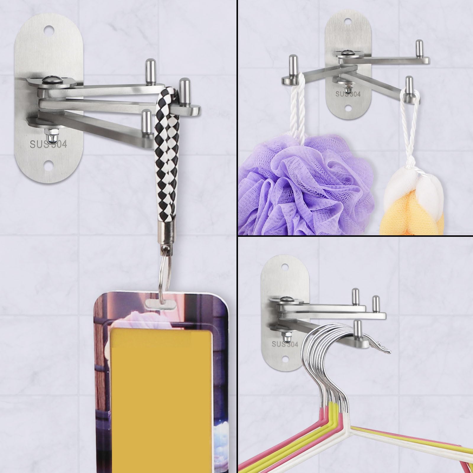 Zivisk Folding Towel Hook Solid Metal 3 Arms Foldable Swivel Hook Space Saving Wall Clothes Hanger for Bathroom, Bedroom, Laundry Room - Silver