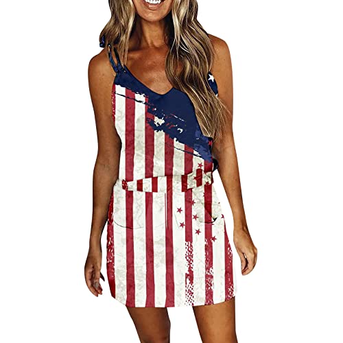 Tenworld Beach Women Summer Dress Independence Day Print Striped Spaghetti Strap Mini with Pocket Shirt Classy Party Red