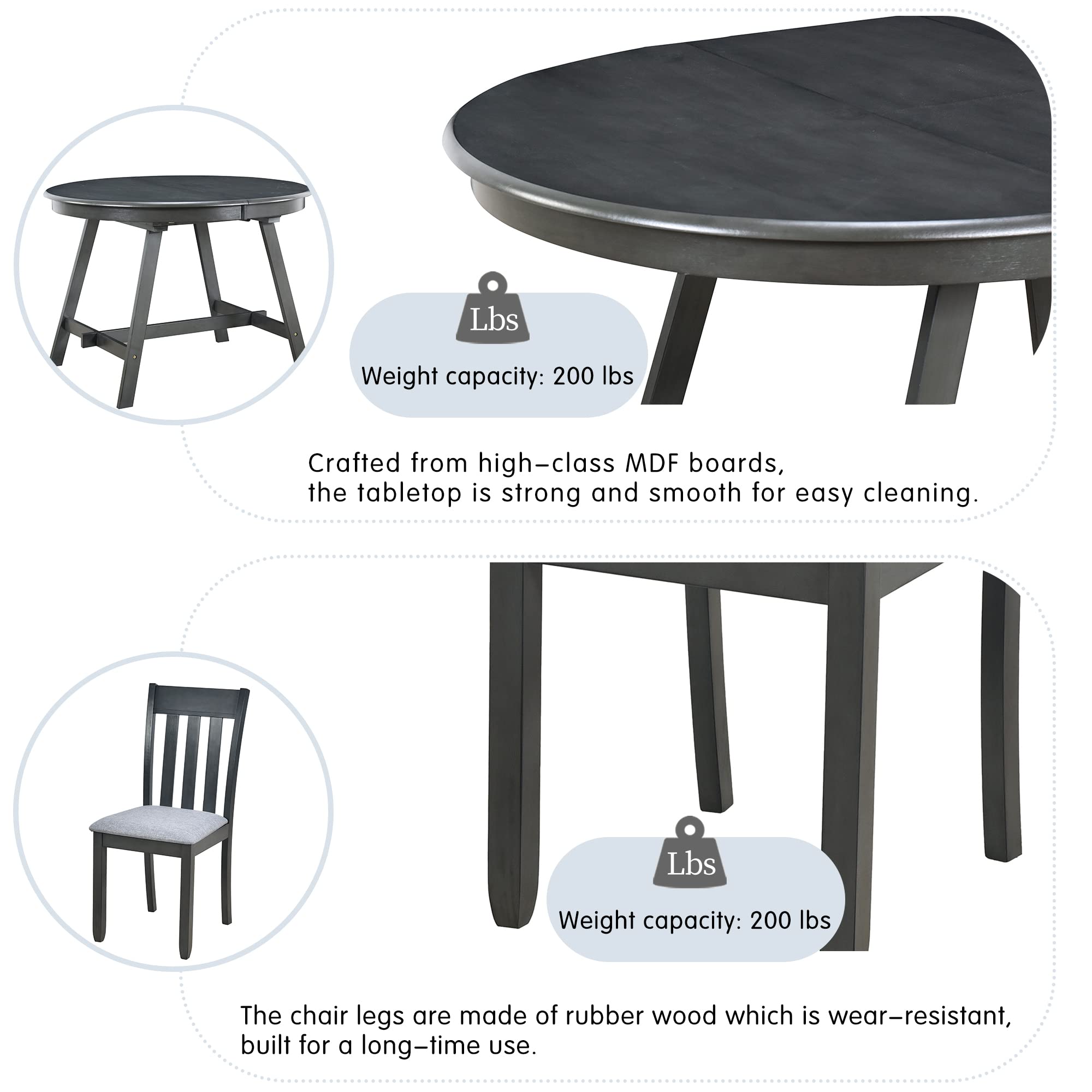 LAVHOME 5-Piece Extendable Round Set with 4 Chairs, Wood Kitchen Table for 4 People for Dining Room (Gray)