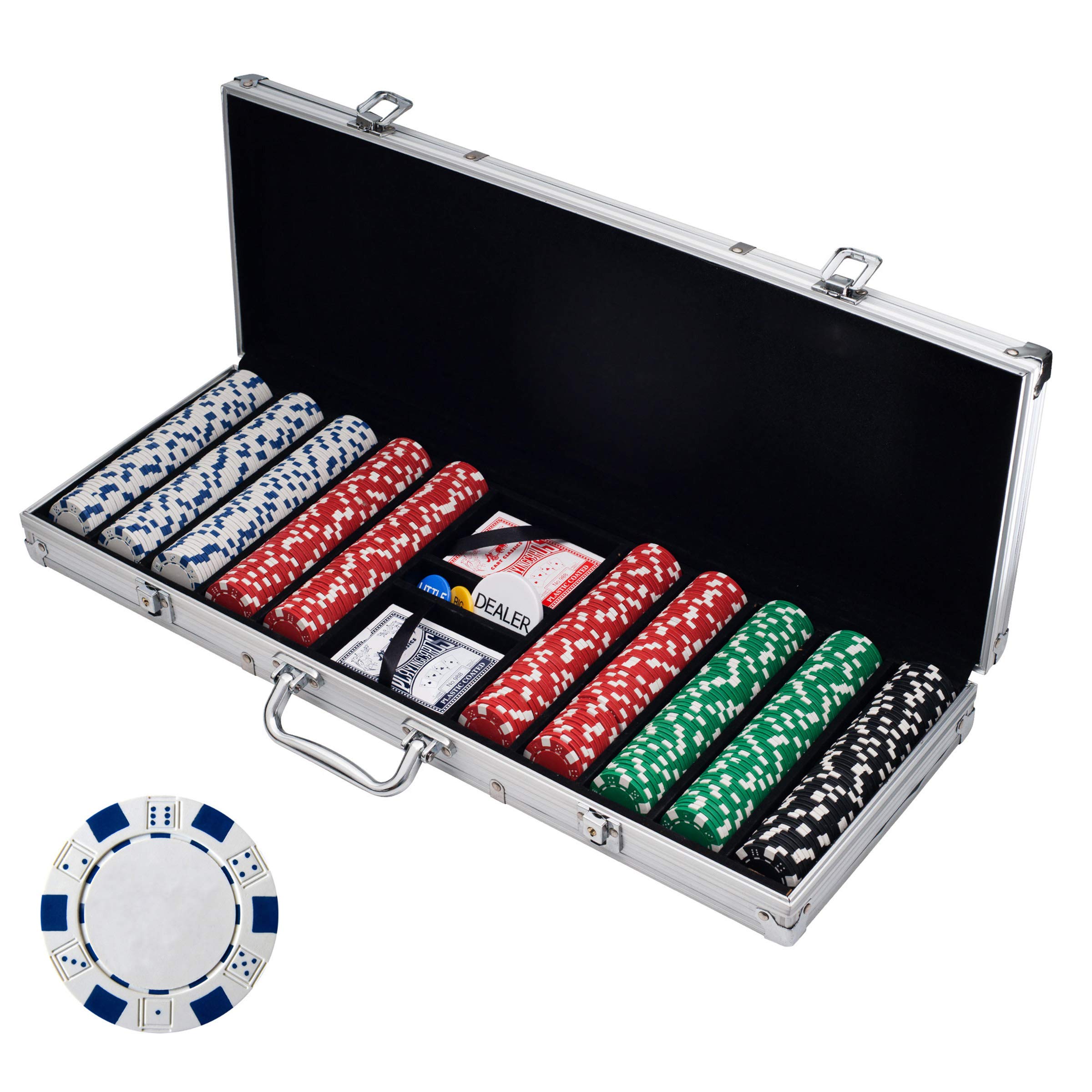 Trademark Poker Poker Chip Set for Texas Hold’em, Blackjack, Gambling with Carrying Case, Cards, Buttons and 500 Dice Style 11.5 Gram Casino Chips, 500 Piece Set & 6-Deck Blackjack Dealing Shoe