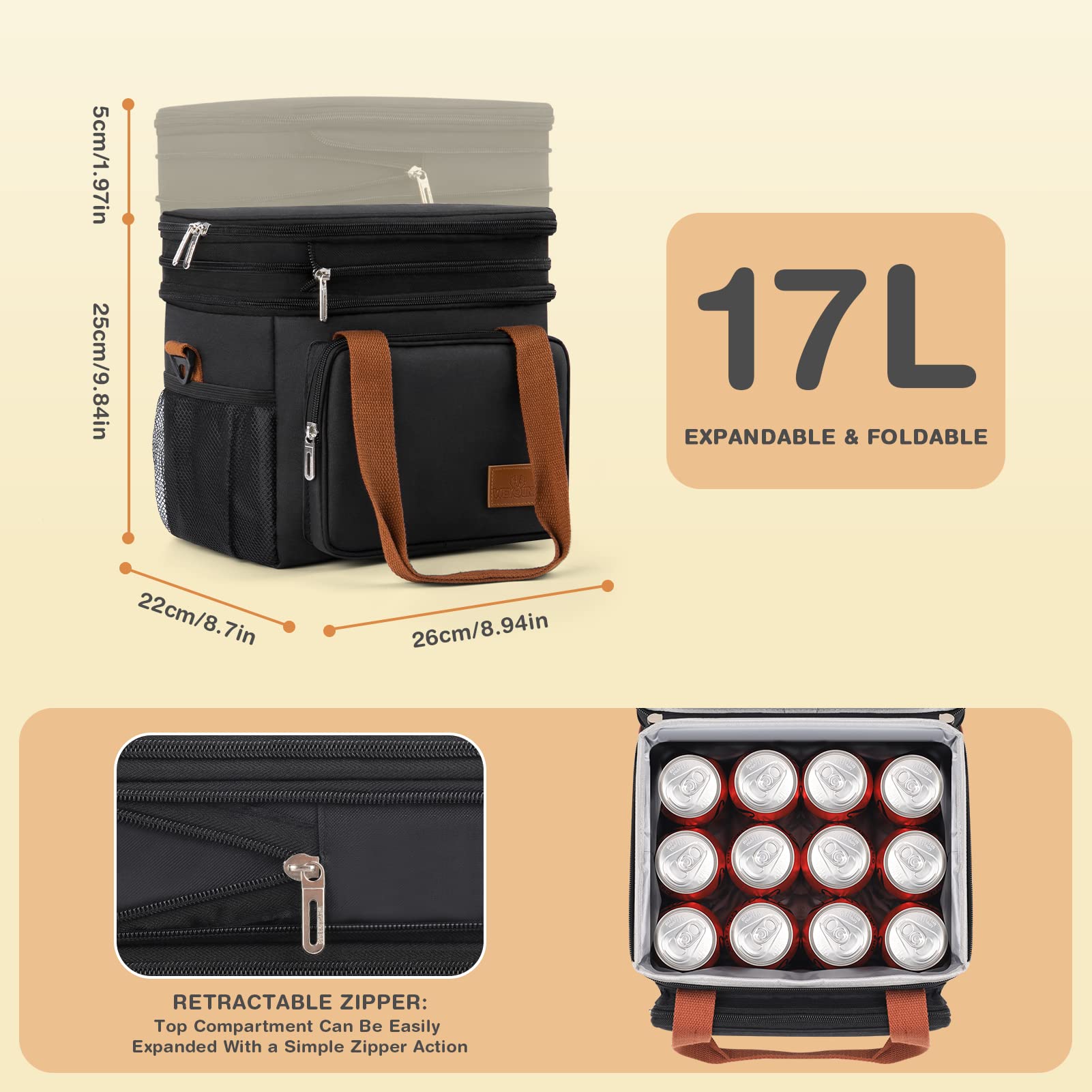 OCKLILY Lunch Box for Men, 17L Insulated Cooler Lunch Bag Women Expandable Double Deck Lunch Cooler Bag,Lightweight Leakproof Lunch Tote Bag, Suit For Work Travel Picnic (Black)