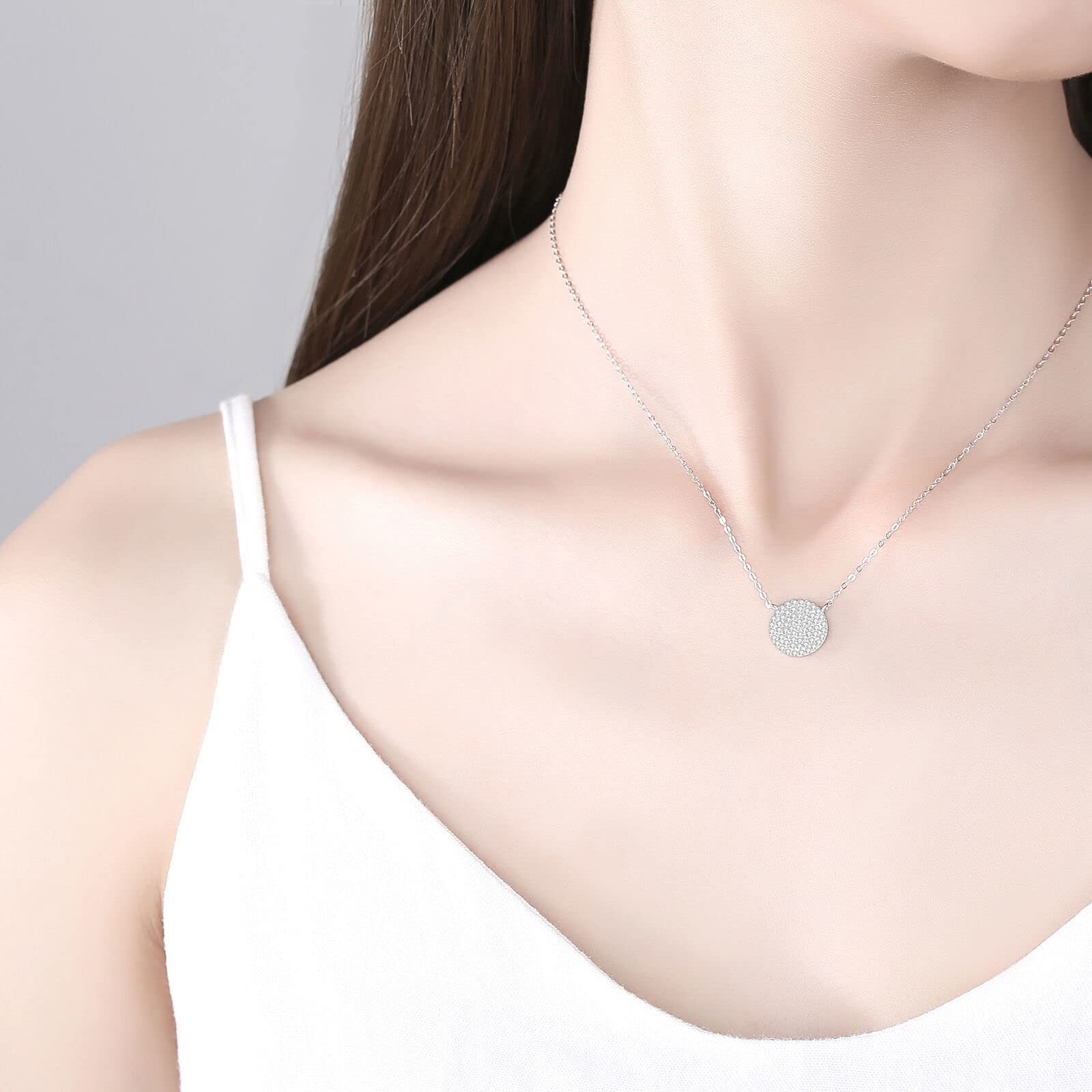 Lavishe Rhodium Plated 925 Sterling Silver Cubic Zirconia Disc Necklace With Circle Pendant 12mm Diameter, 18 Inch