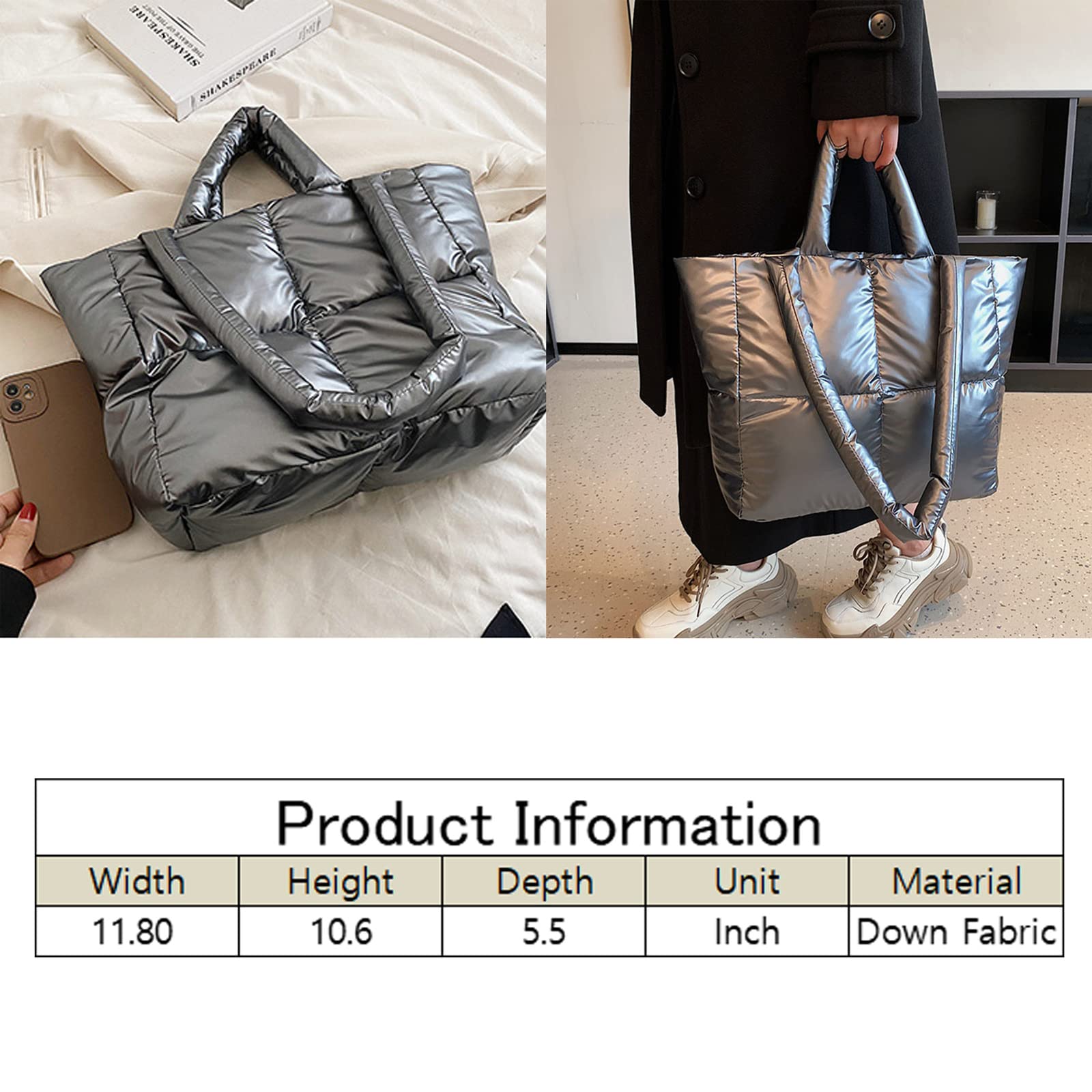 Soft Puffer Tote Bag Puffy Quilted Tote Bag For Women Winter Lightweight Down Cotton Padded Puffer Purse Trendy Luxury Silver One Size