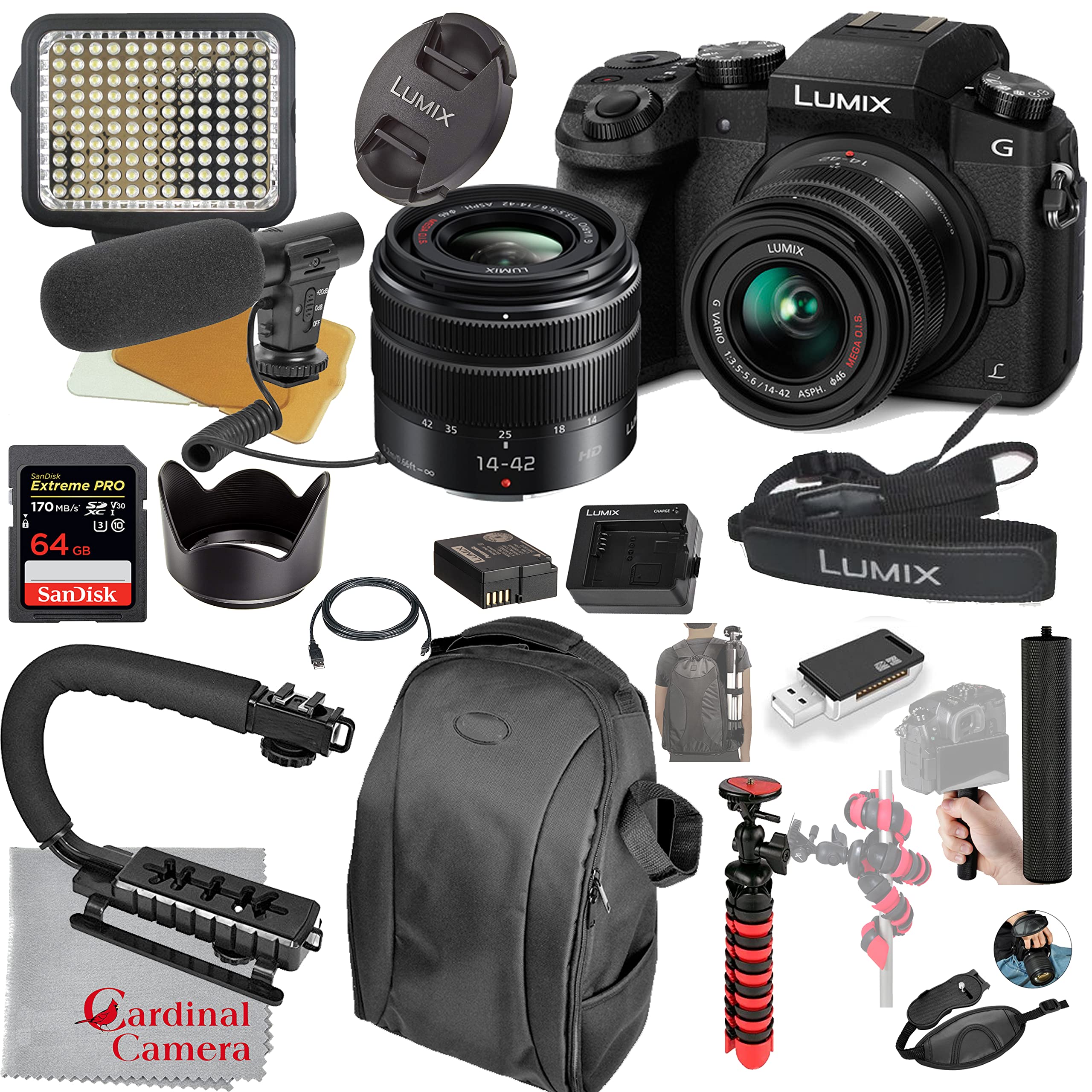 Panasonic Lumix G7 Mirrorless Camera with 14-42mm Lens (Black)- LED Video Light + Microphone + Extreme Speed 64GB Memory(23pc Bundle)
