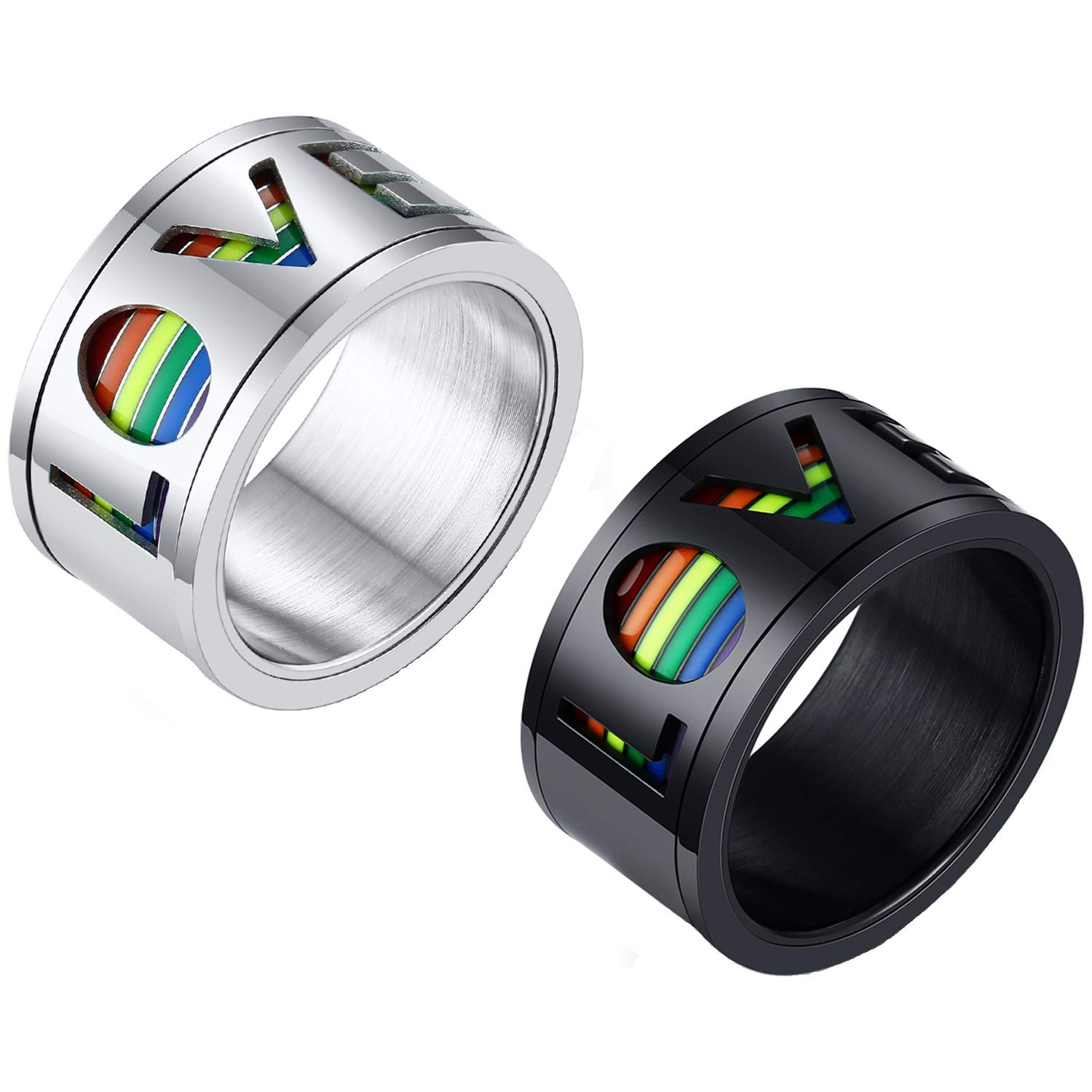 Nanafast Stainless Steel Love Enamel Rainbow LGBT Pride Rings Gay & Lesbian Spinner Ring Wedding Bands Size 8