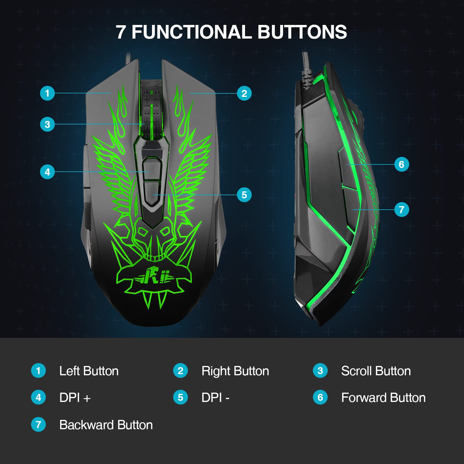 Rii Wired Gaming Mouse,Ergonomic Optical Mice with RGB Backlit,6 Programmable Buttons,1200 to 12800 High-Precision Adjustable DPI,Ergonomic PC Gaming Mouse for Windows PC Laptop Gamers(Black)
