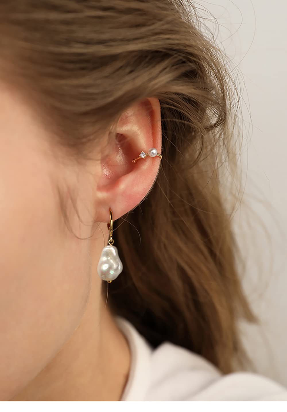 Pearls Hoop Earring Pearl Drop Dangle Earrings 12mm Shell Baroque Pearl Earrings for Women Dainty Jewelry