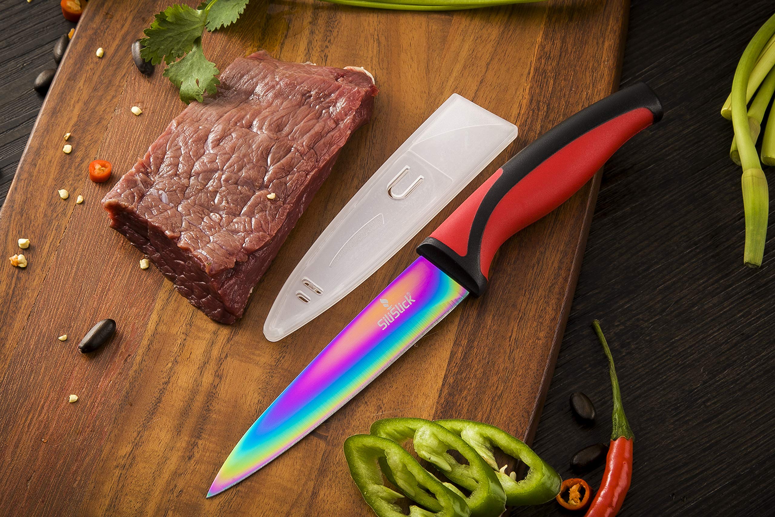 SiliSlick Kitchen Knife Set Professional, Titanium Coated Stainless Steel Blades, Dishwasher Safe, Safety Sheaths, 5 Knives