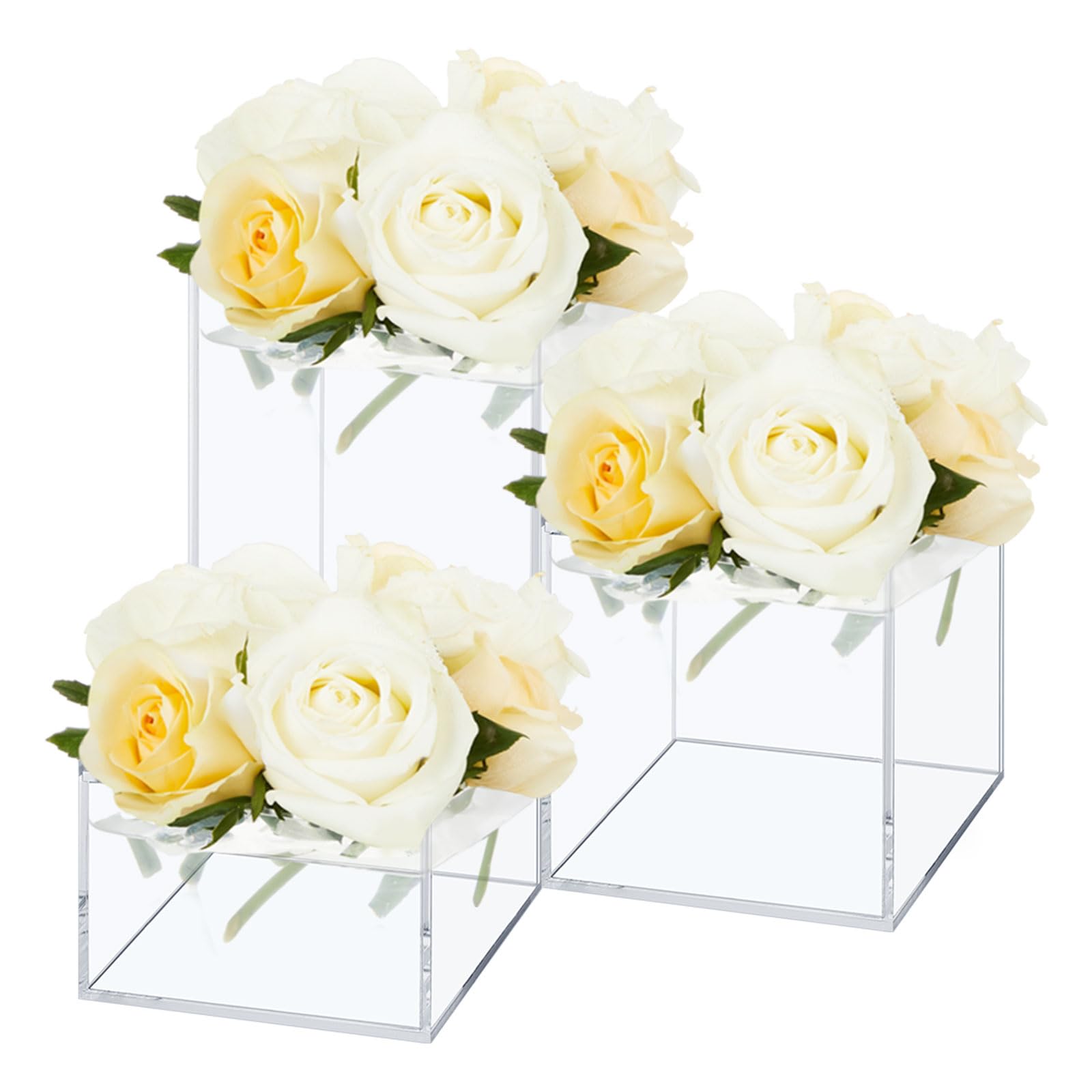 Mifoci 3 Pcs Clear Acrylic Flower Vase Floral Long Square Centerpiece for Dining Table Modern Decorative Acrylic Flower Box for Home Wedding Centerpiece Decor, 3 Different Heights