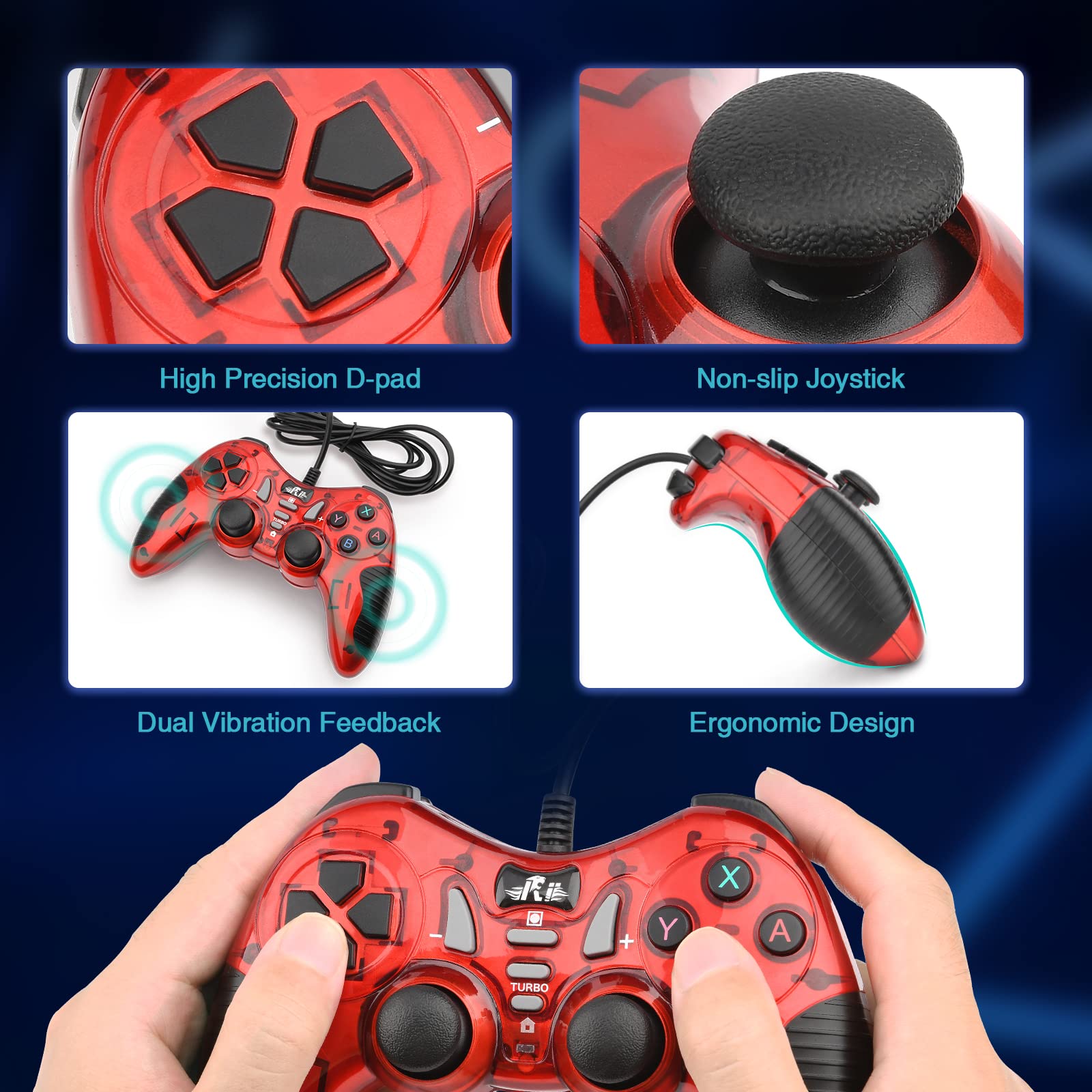 Rii Wired Gaming Controller,Multi-Platform Joystick Controller with Dual-Vibration/Turbo,Compatible for Windows PC/PS3/Android/Steam(Red)