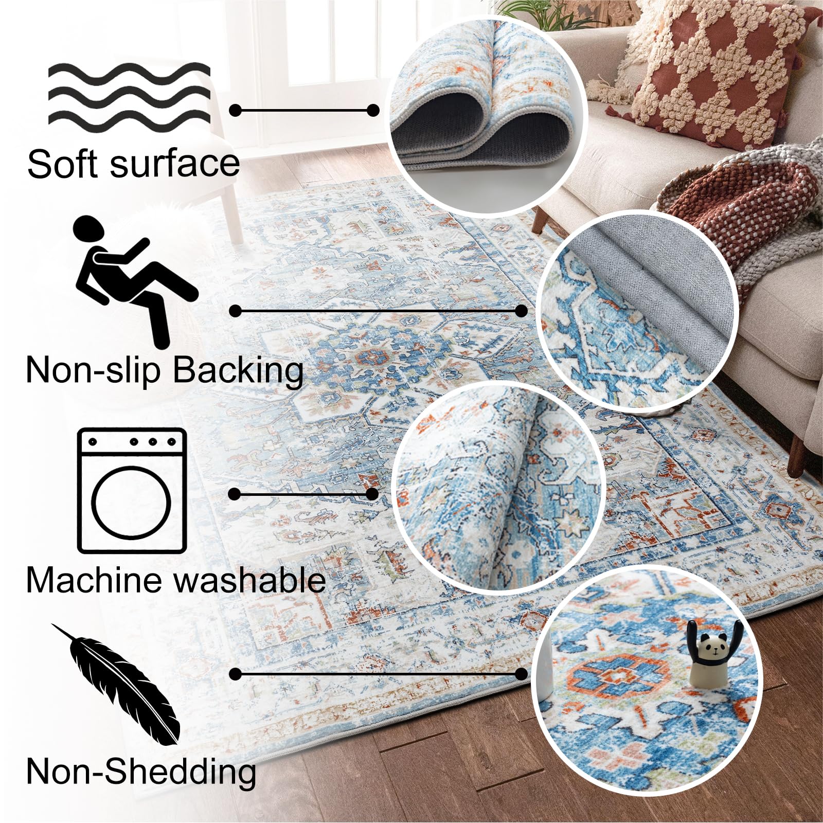 Lbris Area Rug 5x7 Machine Washable Rugs for Living Room Bedroom,Non-Slip Stain-Resistant Large Dining Room Rugs with Rubber Backing,Extra Soft Non Shedding Non Skid Vintage Carpet