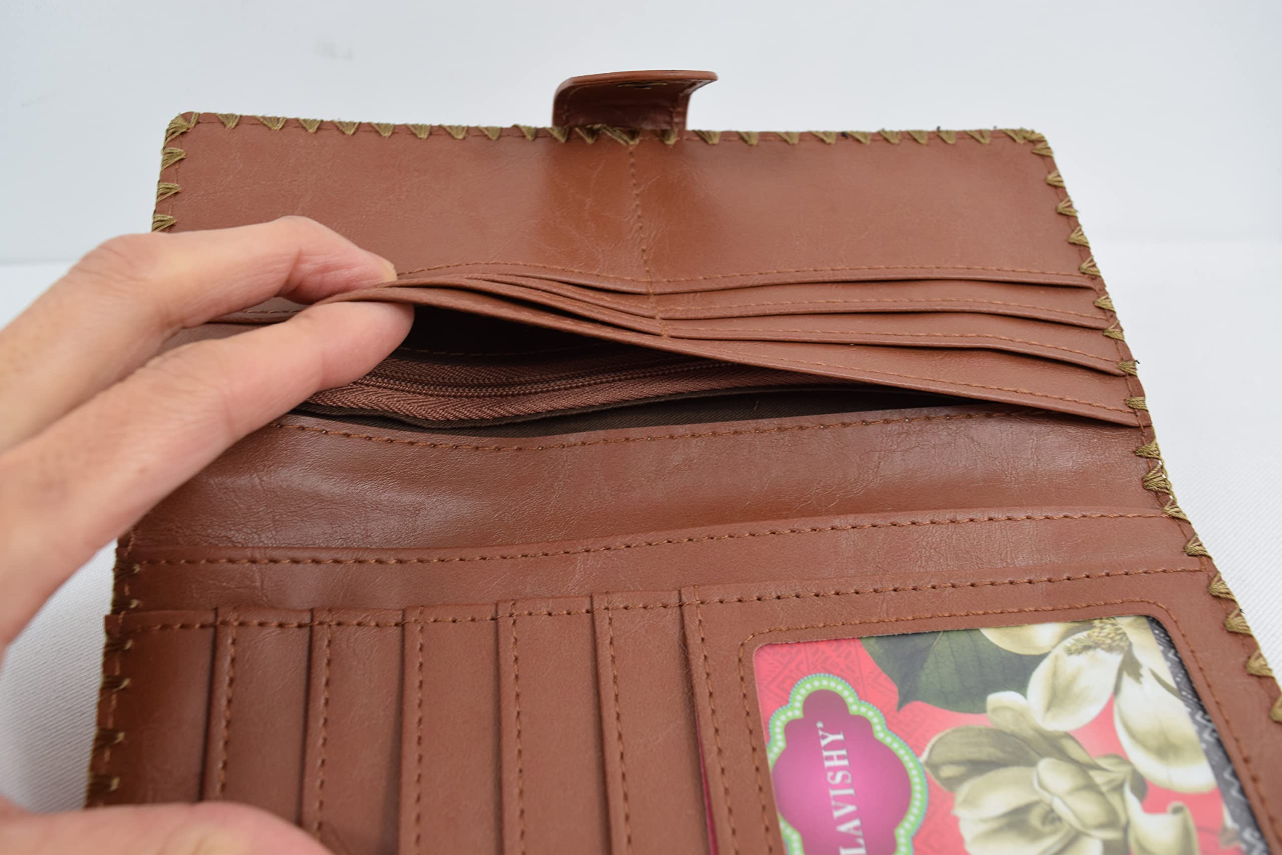 Skelapparel Embroidered Owl Couple and Mushroom Faux Leather Large Flat Wallet by Lavishy (Green)