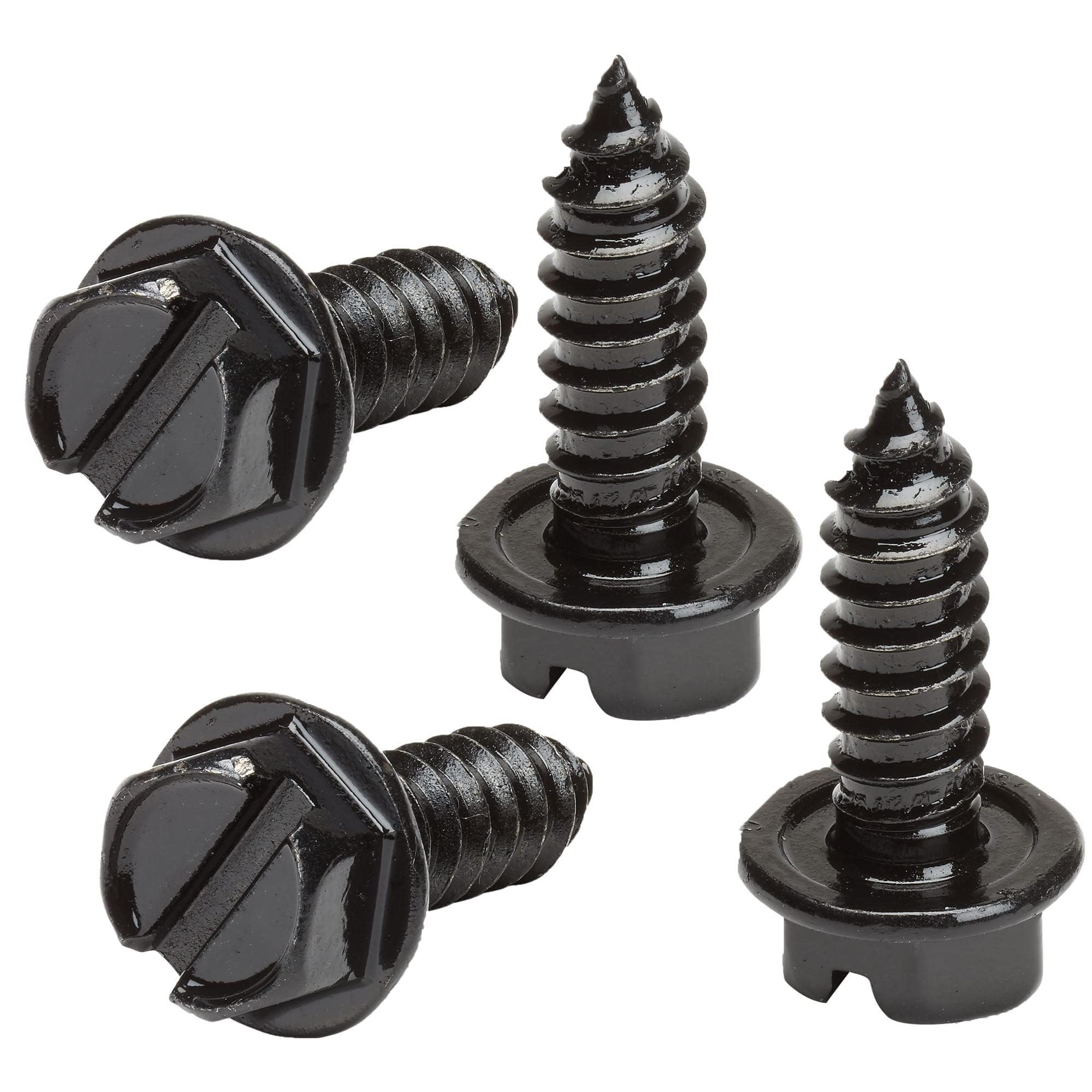 License Plate Screws - Black, Set of 4 Fasteners - For Front and Back License Plates and License Plate Frames or Covers - Rust Proof, Weather Proof, Self Tapping Mounting Bolts (Black Stainless Steel)