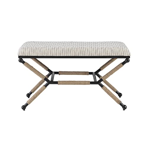 Linon Upholstered Seat Farrow Metal Campaign Bench, Black/White Striped