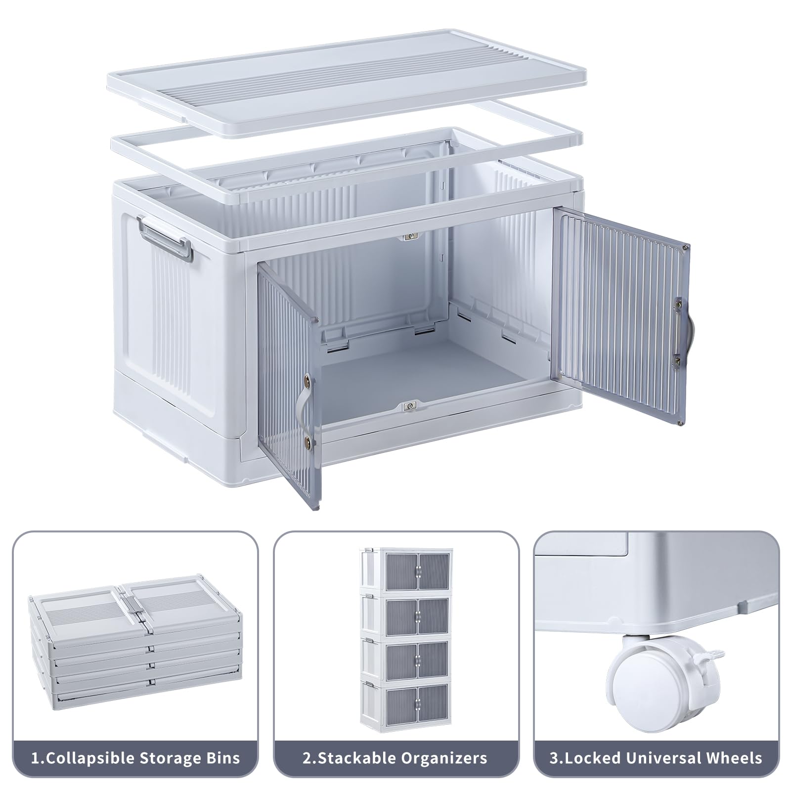 MOPUP 264 QT Stackable Storage Bins with Lids and Doors and Wheels - 4 Pack 16 GAL Plastic Storage Bins,White Closet Organizers and Storage,Dual Open Doors Collapsible Storage Bins for Home and Office