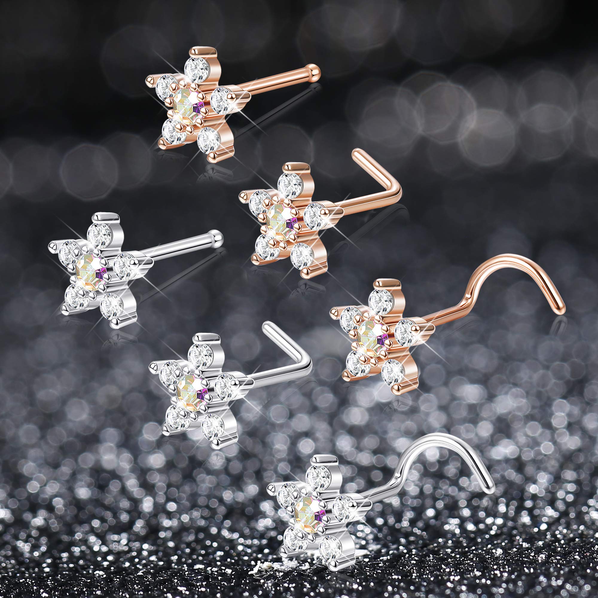 LOYALLOOK 6Pcs 20G Stainless Steel Silver/Rose Gold Flower Nose Rings Studs Piercing Body Jewelry Piercing CZ Inlaid