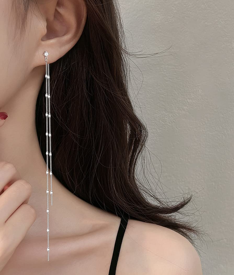 SLUYNZ 925 Sterling Silver CZ Studs 6.3inch Long Chain Earrings Dangle for Women Line Earrings Chain Backs (A-Silver)