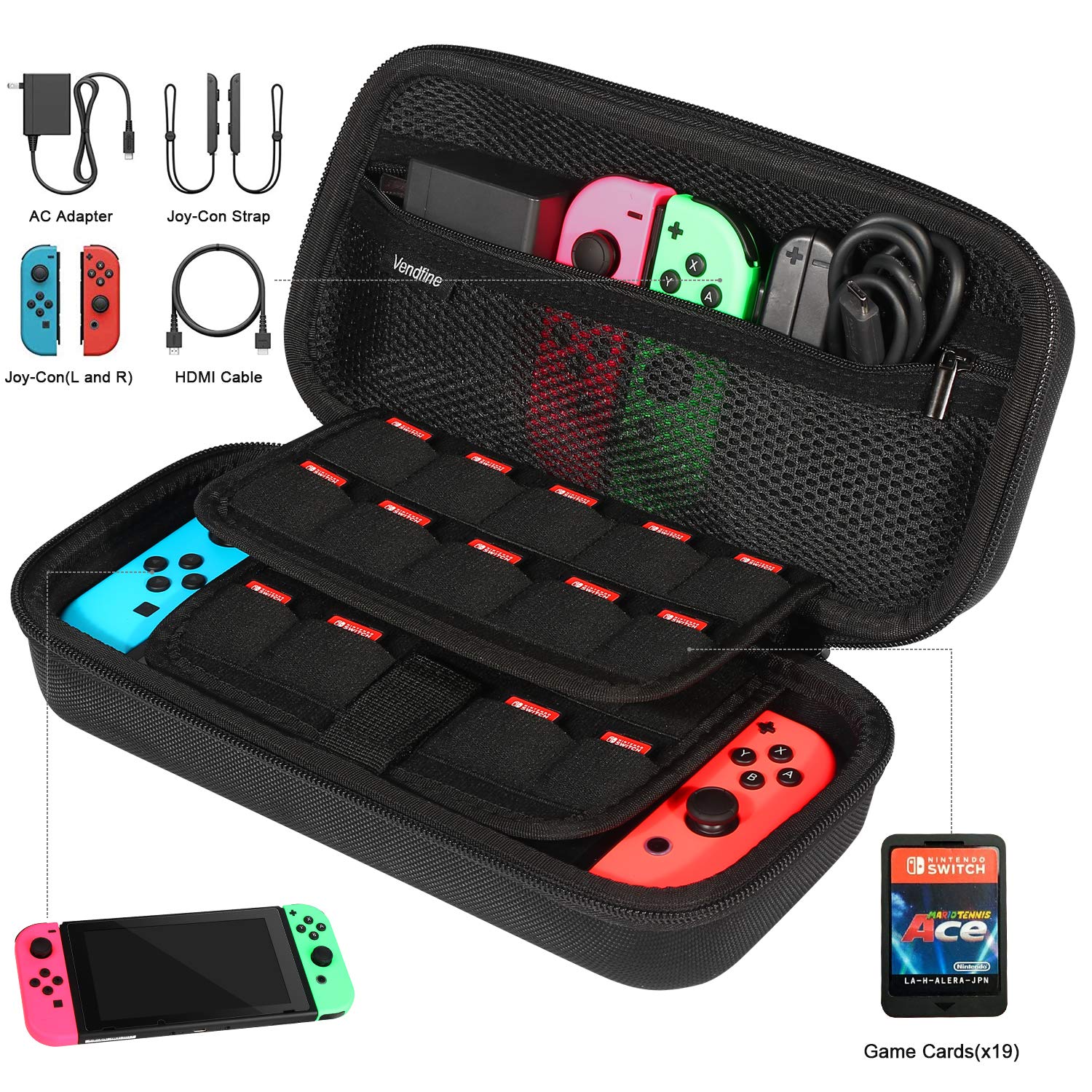 RICYOGA Vendfine Carry Case Compatible with Nintendo Switch - Pretty Sturdy Protective Hard Travel Carry Case for Nintendo Switch, Enough space to store Original Charger, extra Joycons, Black, 4