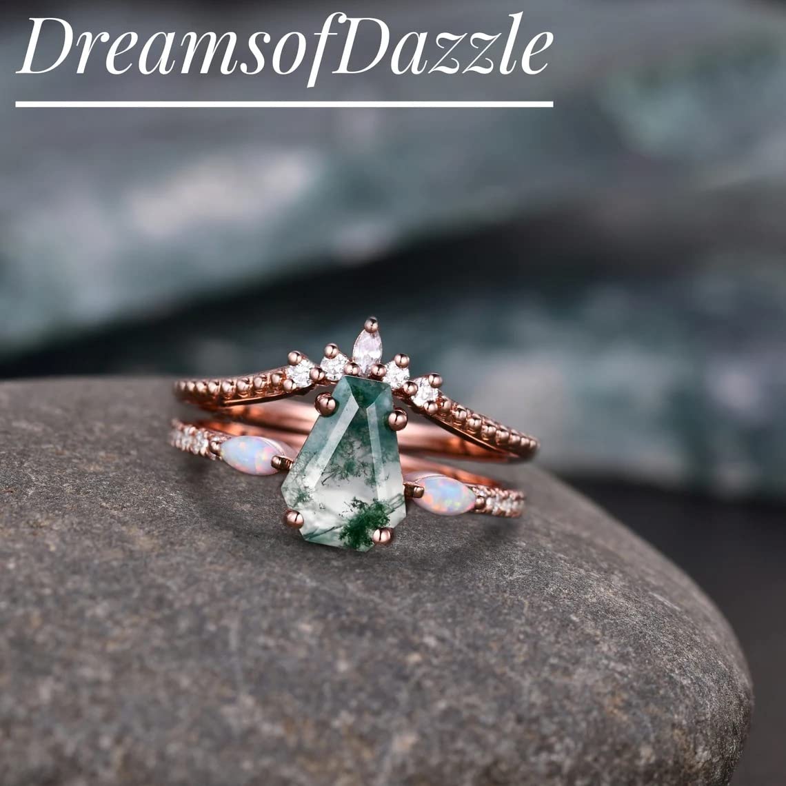 Ring For Women Coffin Shaped Green Moss Agate Ring Set, Wedding Promise Ring Opal Moss Agate Bridal Ring BY DREAMSOFDAZZLE (Rose Gold Overlay)