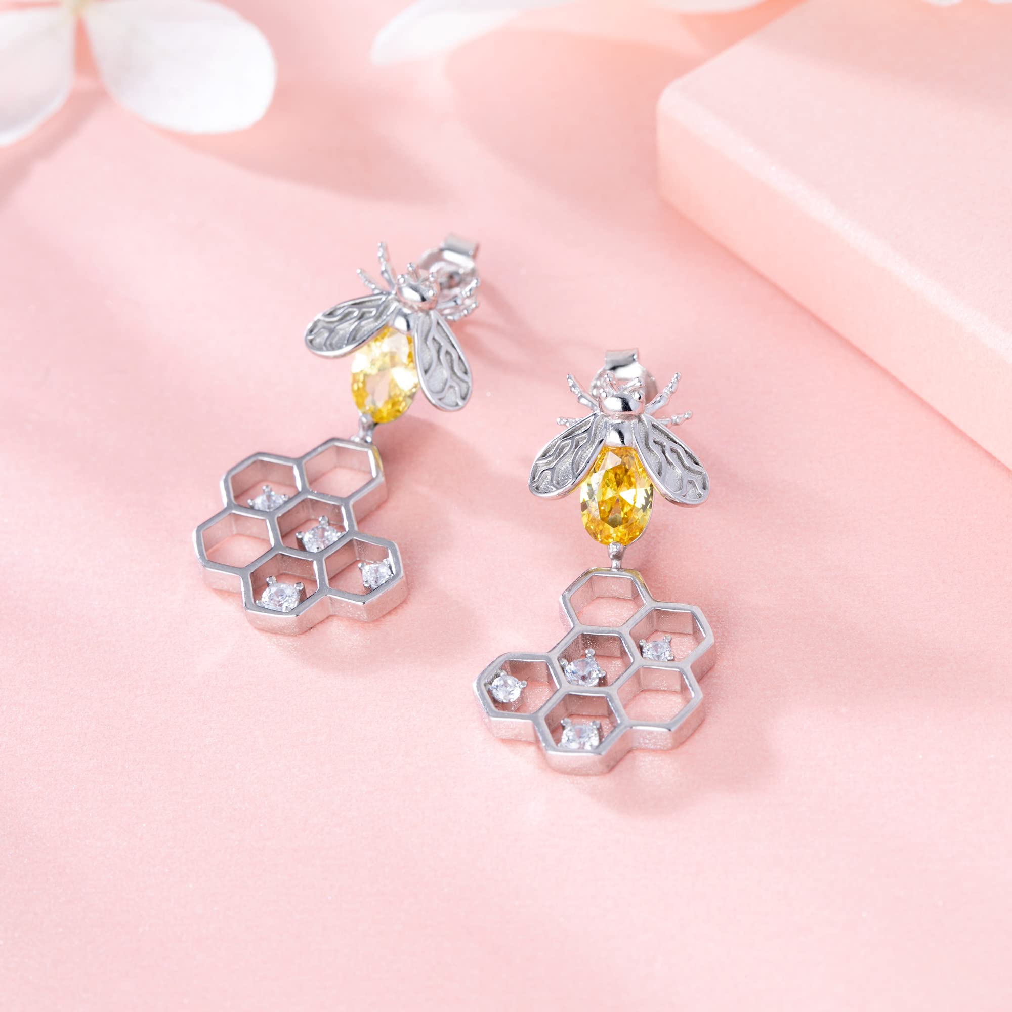 SLUYNZ 925 Sterling Silver Crystal Bee Earrings Drop fpr Women Honeycomb Dangle Earrings Studs