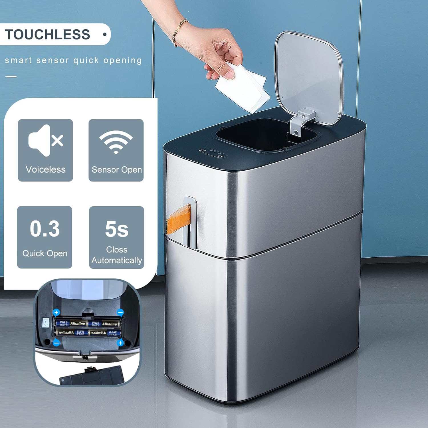 MOPUP Touchless Bathroom Trash Can, 4 Gallon Narrow Metal Automatic Privacy Garbage Can with Motion Sensor and Waterproof Design for Bedroom, Office, Toilet.Stainless Steel Dog-Proof Trash Bin.