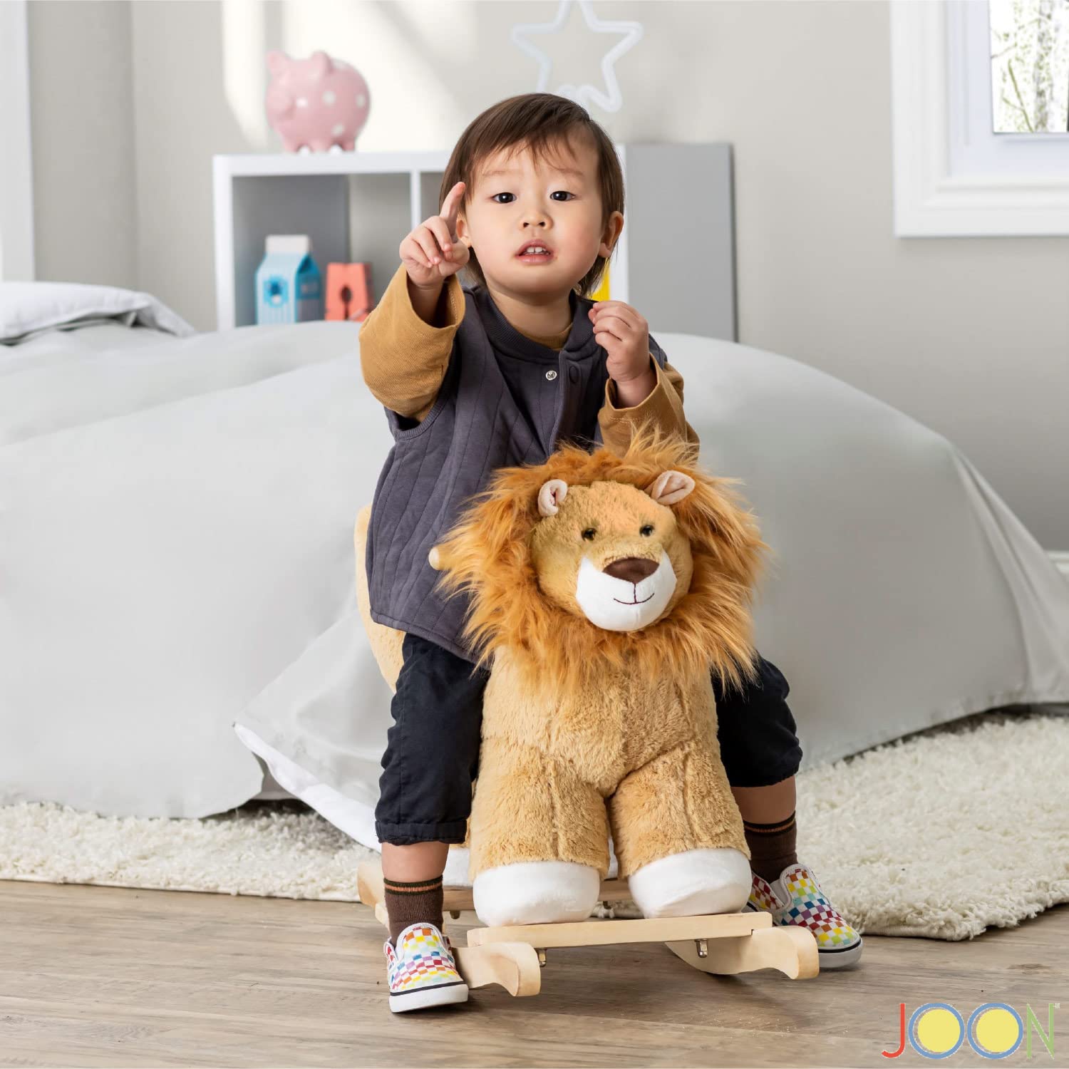ROARY RIDE-ON CHAIR ROCKING HORSE LION by JOON, Great for Toddler Development, Very Soft Fabric, Safe Rocker with Sturdy Wood Handles & Base, Boost Imagination & Creativity with Lullaby Sounds, Tan