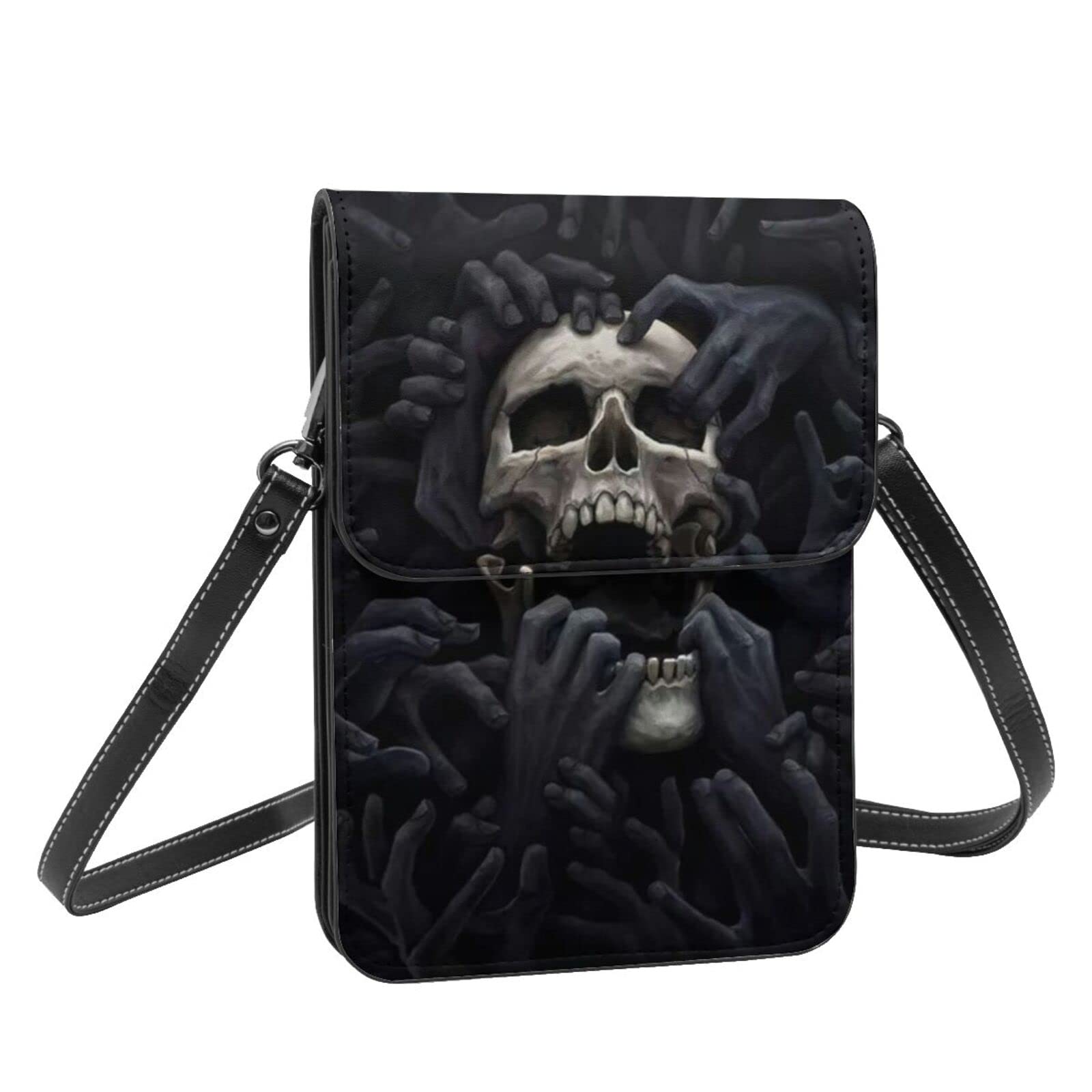 SKETVNHR Abstract Terror Hand Dark Skull Pattern Small Crossbody Cell Phone Purse for Women Soft Leather Fashion Travel Wallet with Adjustable Strap