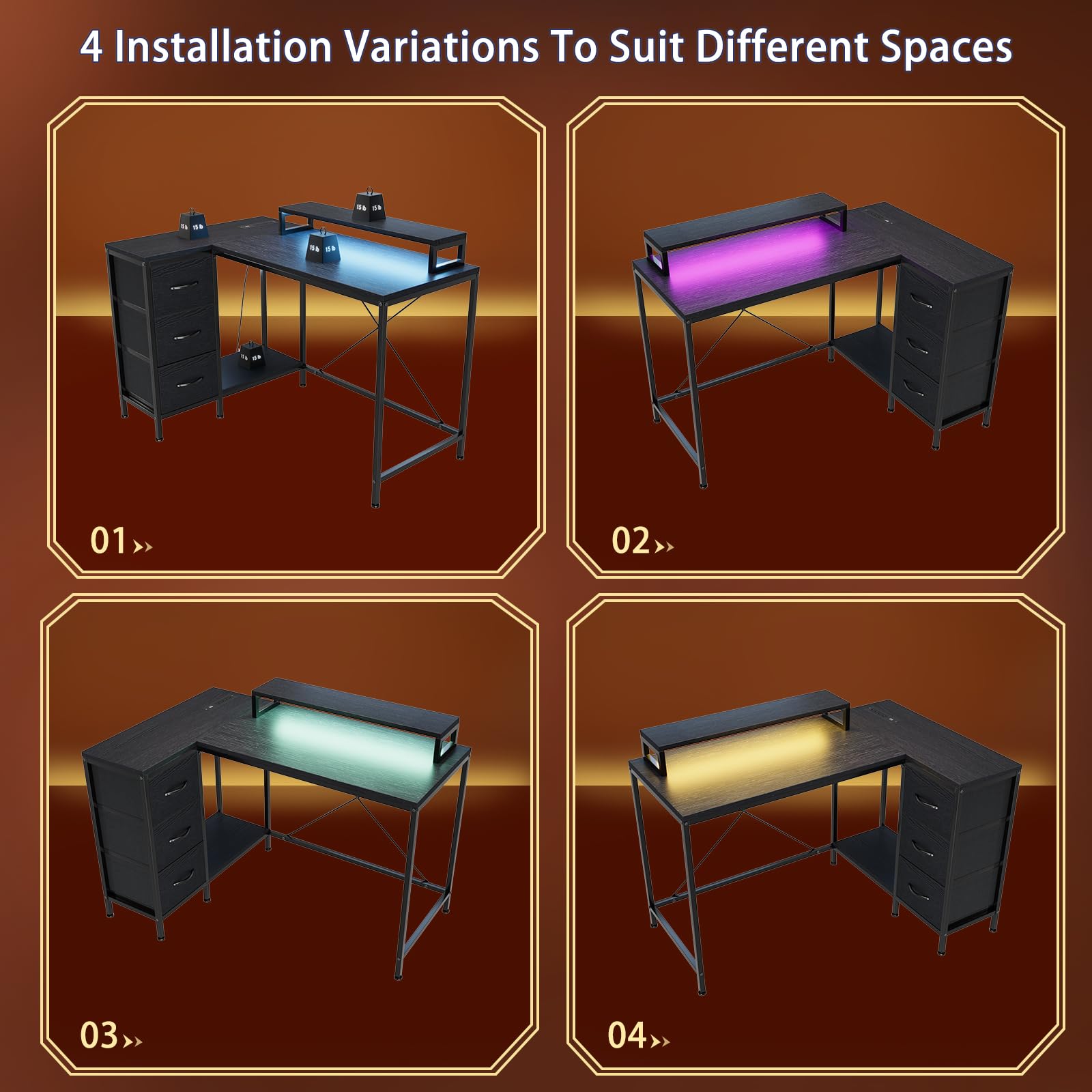 LIVEHOM L Shaped Desk with Power Outlets & LED Lights, Computer Desk with Drawers & Shelves, Corner Desk Gaming Desk Home Office Desk