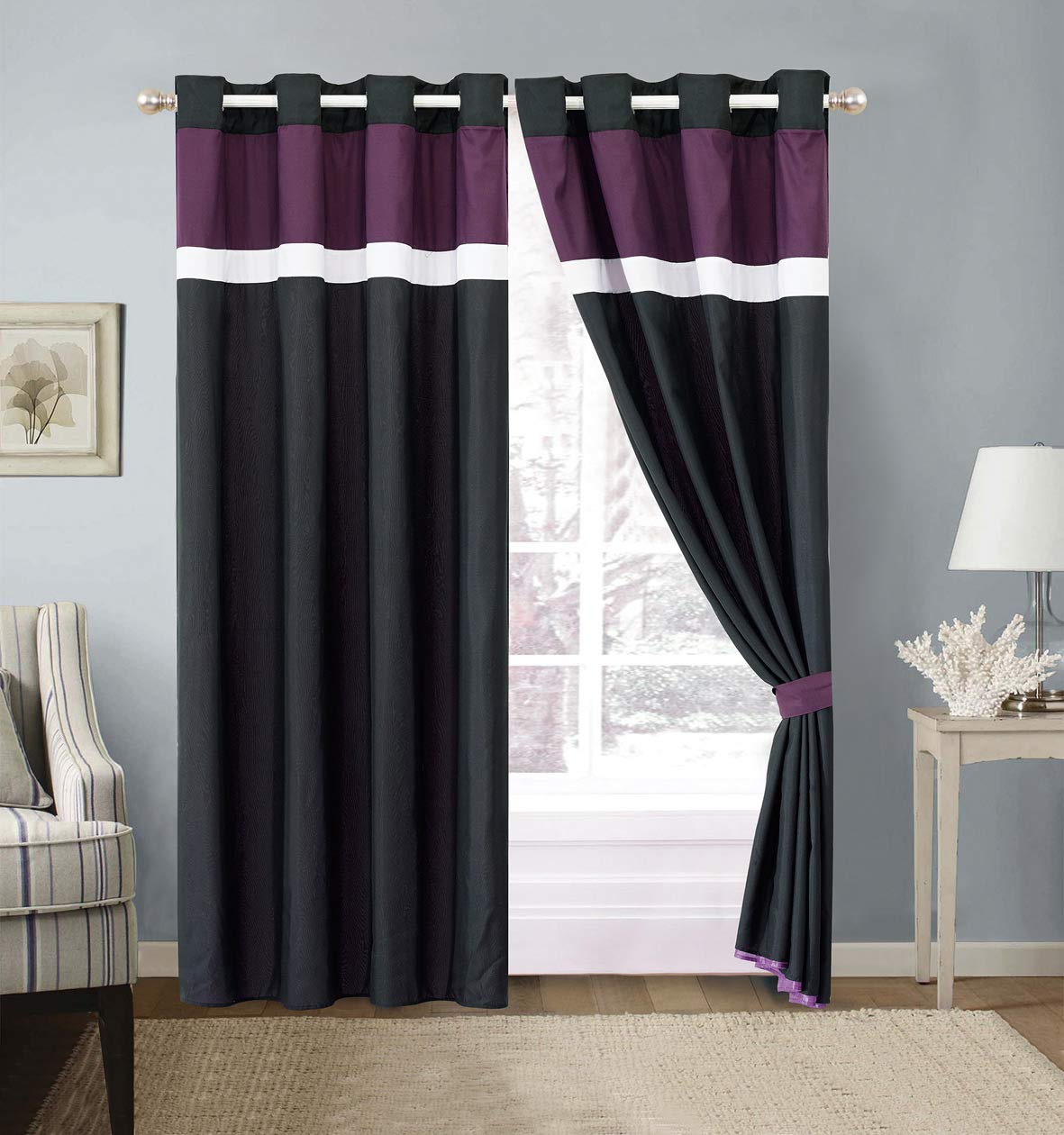 Modern 4 - Piece Color Block Purple, Black, White Grommet Curtain Set Drapes/Window Panels 120" Wide X 84" Tall