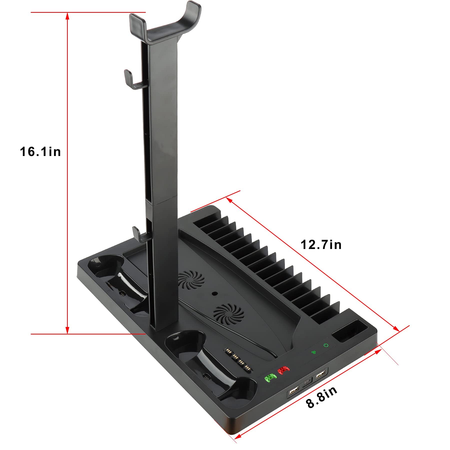 Multi-Functional Vertical Stand for PS5 Disc & Digital Edition Console with Cooling Fans, Dual Controllers Charger Station, Headset Stand, 15 Game Disc Storage Slots and 1 Media Remote Organizer