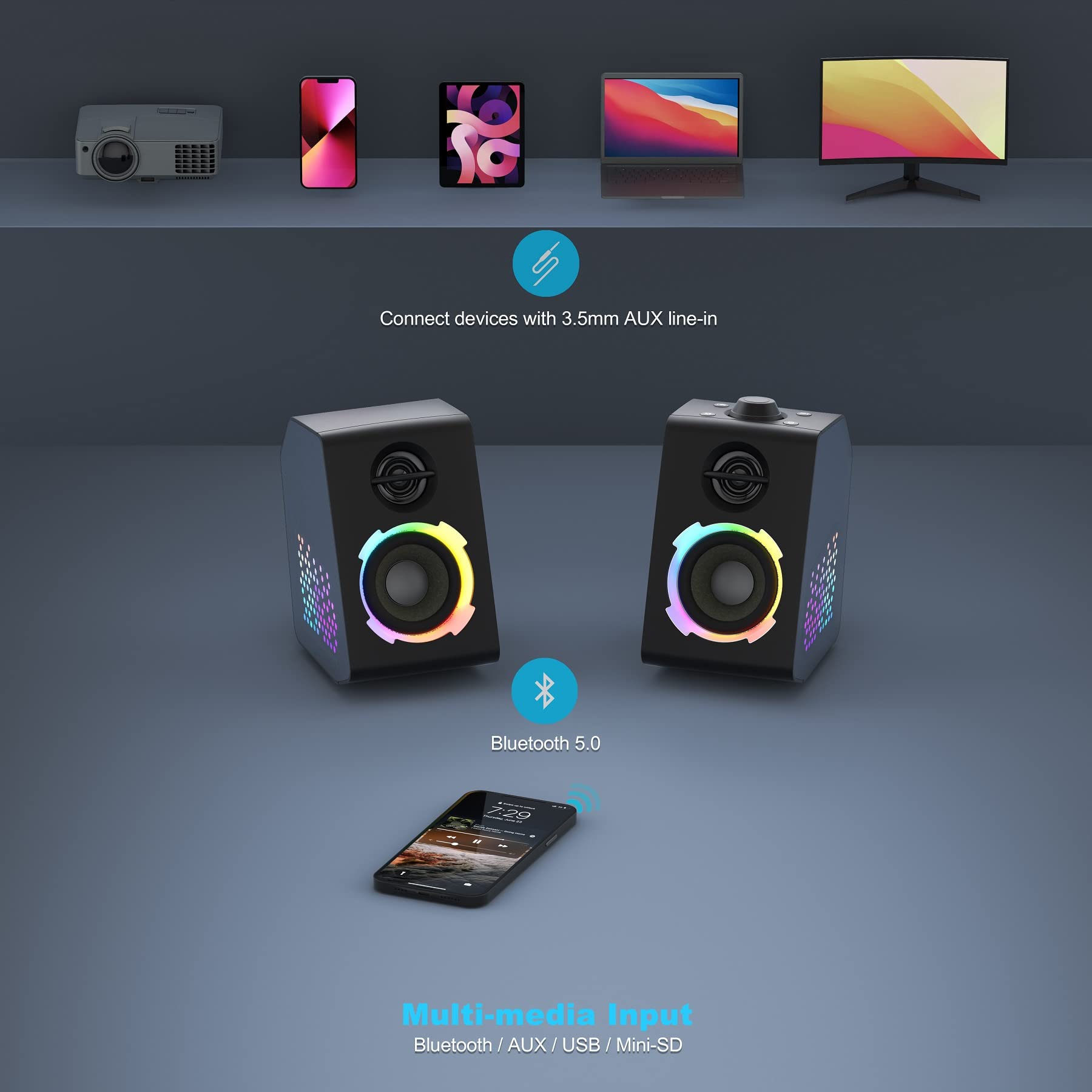 weenon Computer Speakers Desktop, Compact Dynamic RGB PC Gaming Speaker with Clear Case Subwoofer Surround Sound Bluetooth 5.0, 12 RGB Modes, Built-in Mic for PC Monitor, Laptop, 12V2A