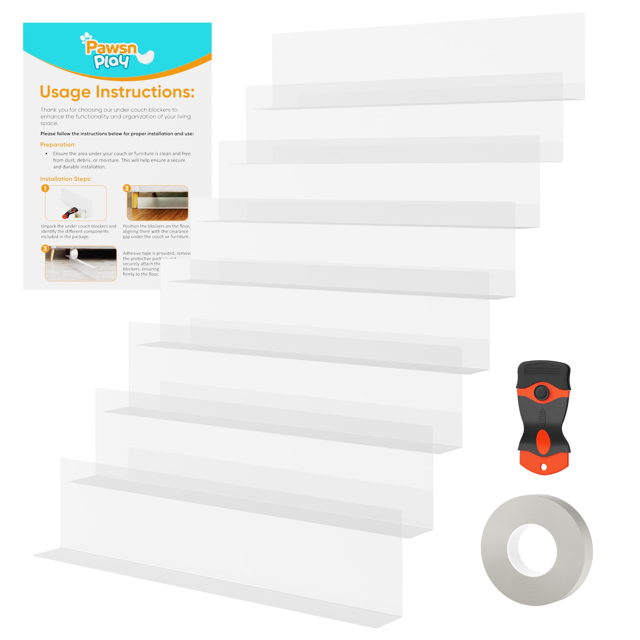 PawsnPlay 8-Pack Acrylic Under Furniture Blocker,Toy Blocker for Under Couch,Couch Stoppers to Prevent items going under sofa, Transparent couch underneath blocker with Strong Adhesive Tape & Scraper