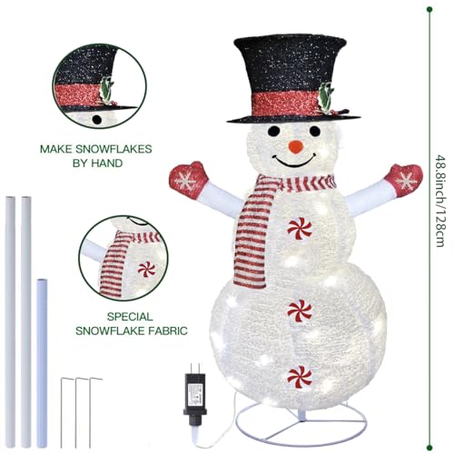 Lighted Christmas Snowman Decorations, 4FT Outdoor Collapsible White Snowman with Built-in LED Lights, Pre-Lit Pop Up Xmas Snowman, Light Up for Holiday New Year Winter Decor (lint)
