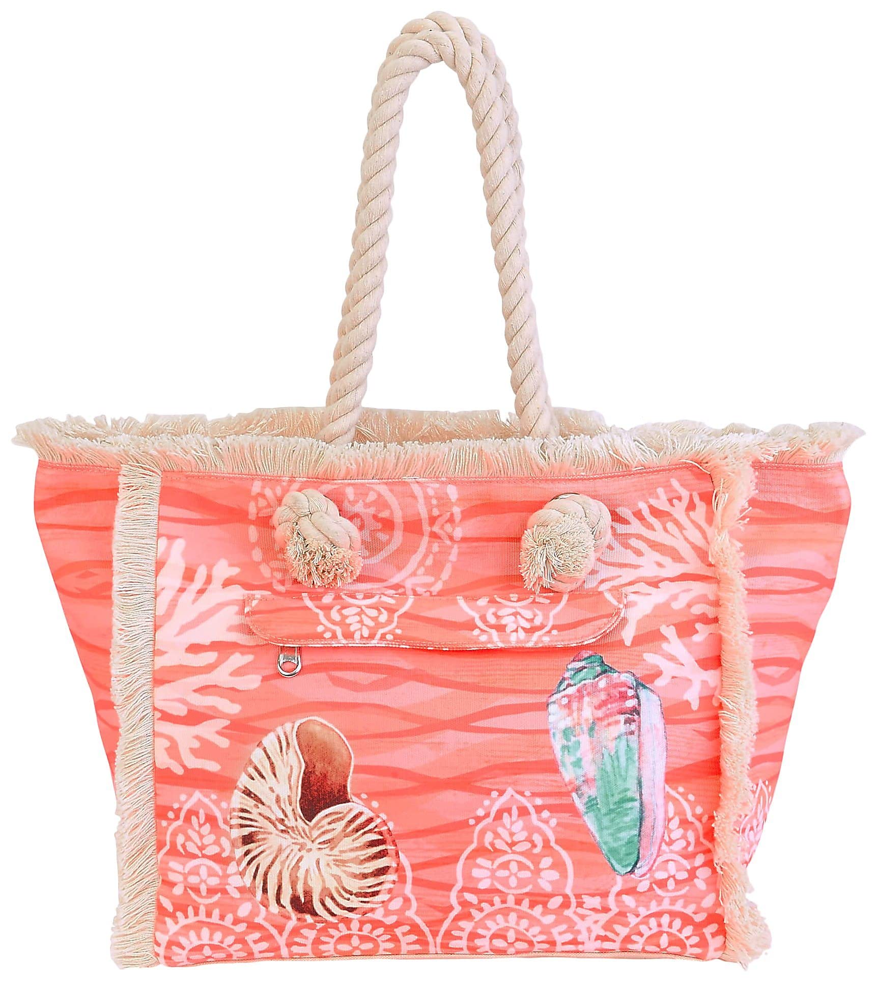 Sun 'N' Sand Seashell Canvas Beach Tote Coral orange