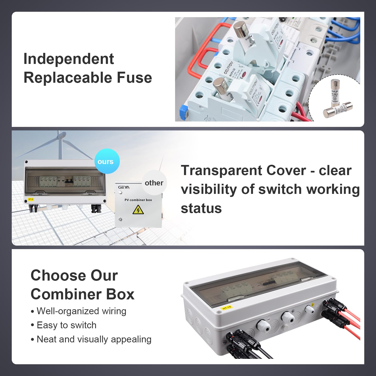 OELFFOW DC1000V 32A PV Combiner Box with 15A Rated Current Fuse, 63A Circuit Breaker, 20kA Surge Protective Device for Solar Panel System, IP65 Waterproof 4 String Grey Junction Box 4 in 1 Out