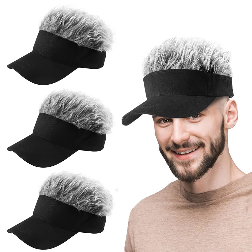 Regilt Adjustable Sun Visor Hat with Wig Spiked Hairs Fashion Baseball Golf Cap for Men & Women (3pcs-Black Gray)