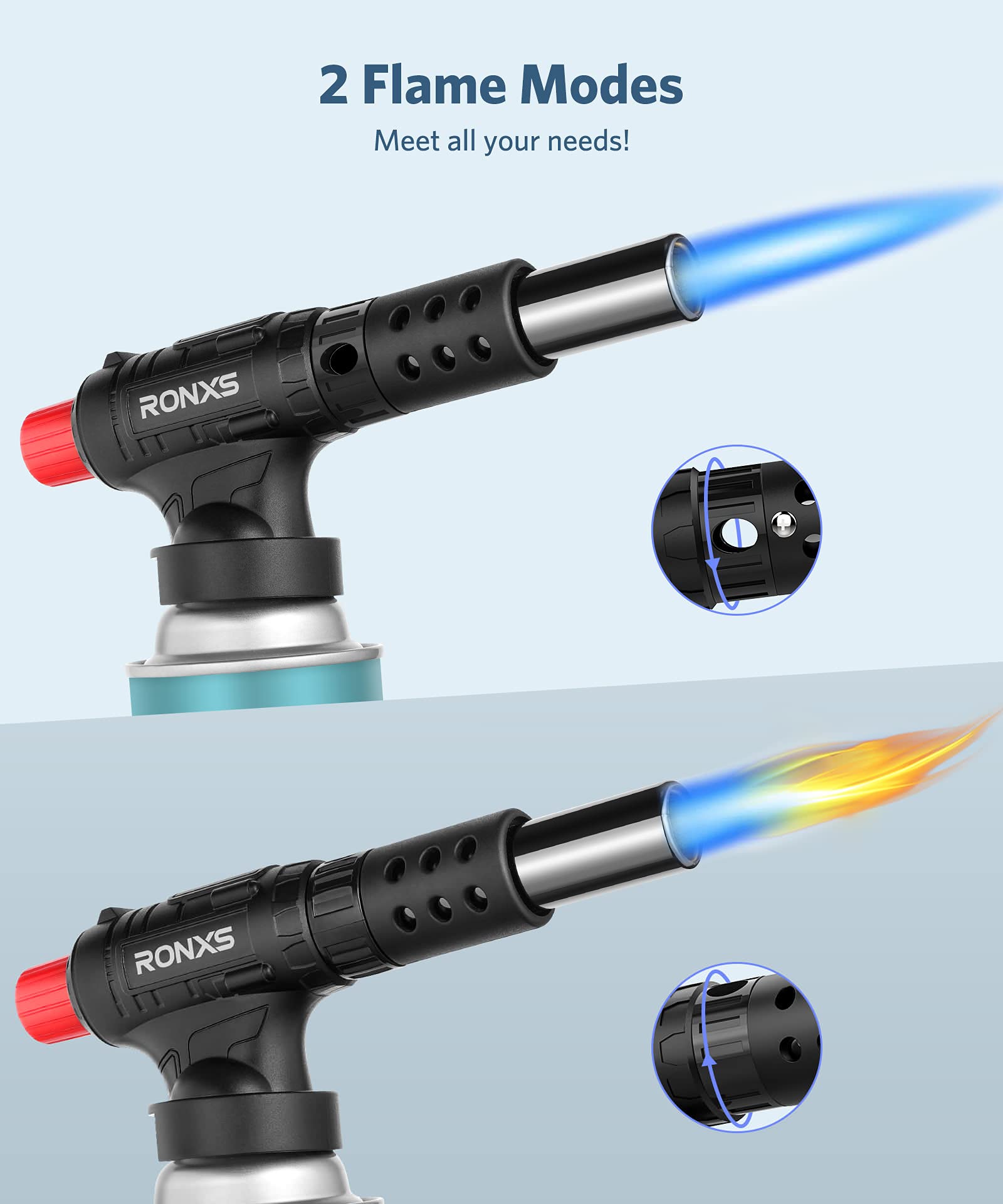 RONXS Butane Torch lighters, 2 Flame Mode Kitchen Cooking Torch with Inverted Use Adjustable Flame Culinary Blow Torch for BBQ, Baking, Sushi, Butane Not Included