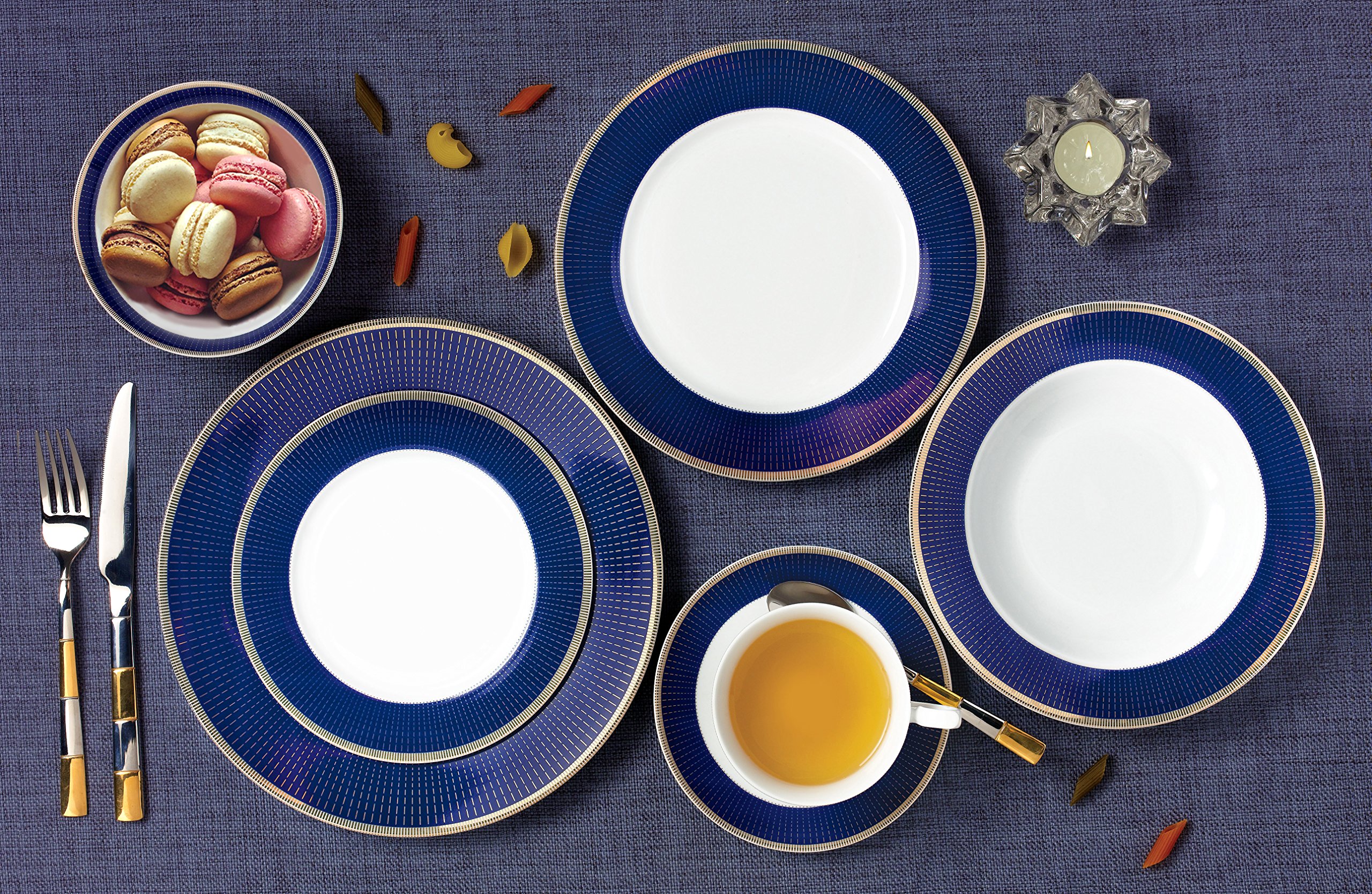 Lorren Home Trends Midnight-57 57 Piece Dinnerware Set-Bone China Service for 8 People-Midnight, Blue