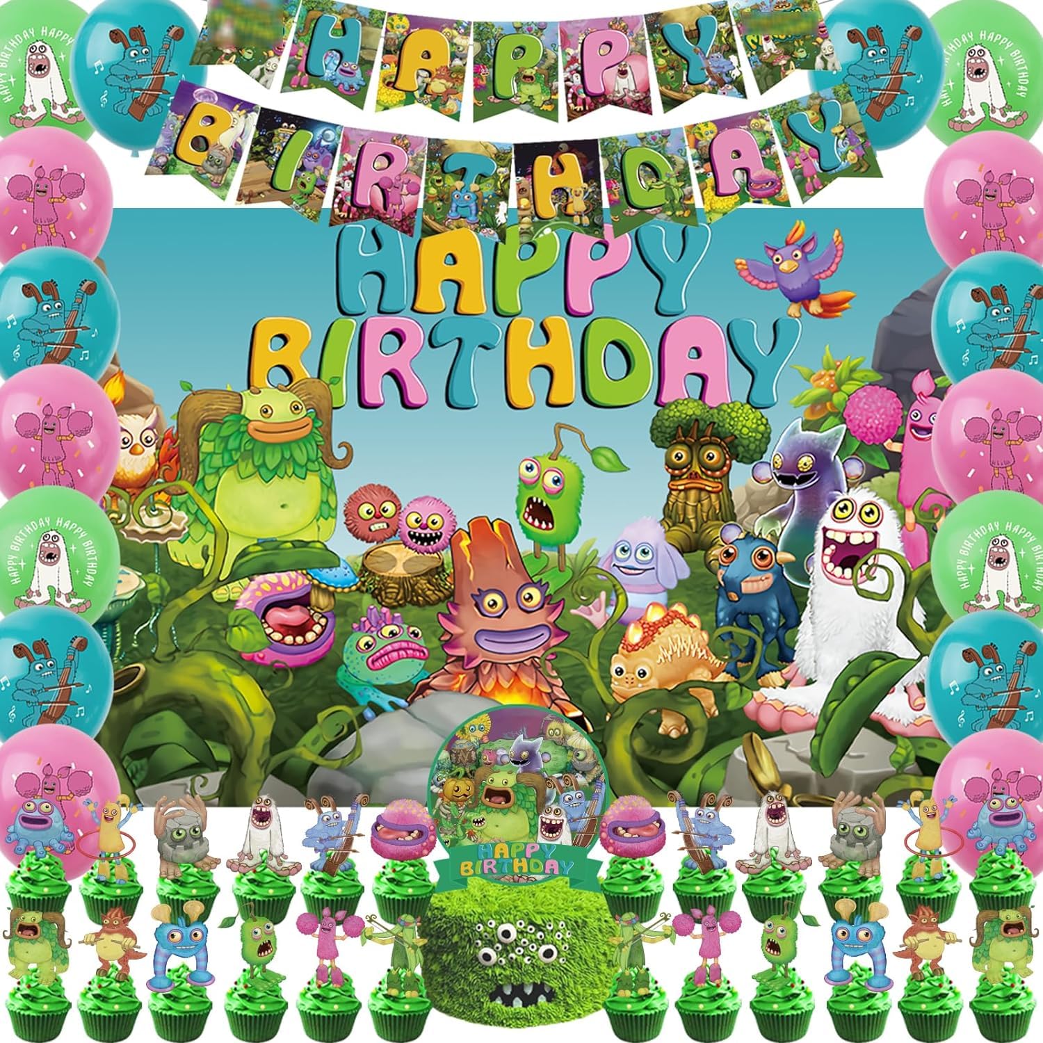 Moptrek y Decorations,Monsters Birthday Decorations,Including Happy Birthday Bannner,Cake Copper ,Cupcake Topper,Backdrop,Suitable for Party Supplies