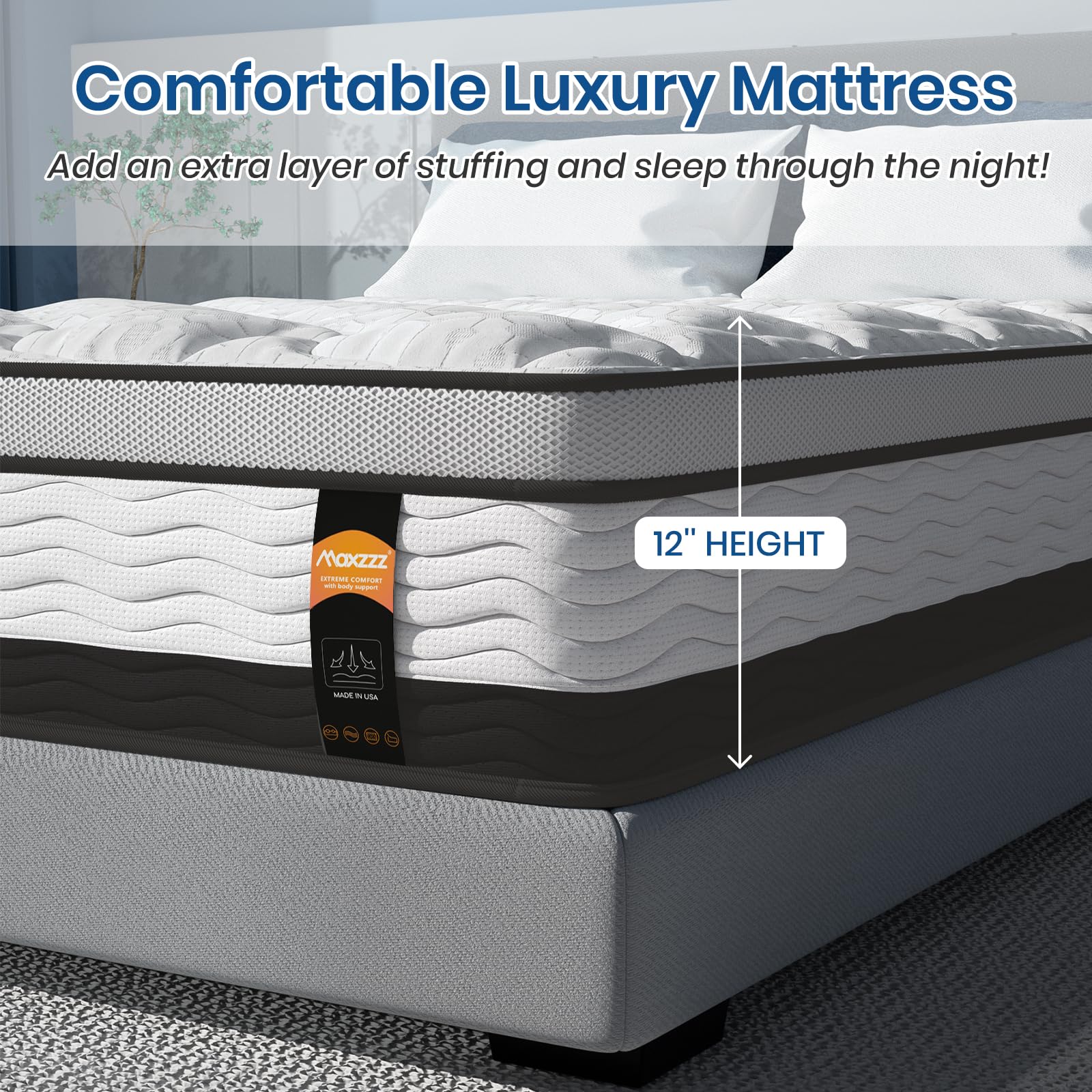 Maxzzz 12 inch Full Mattress in a Box, Hybrid Mattress with Memory Foam and Pocket Spring, Medium Firm, 54x74 inch