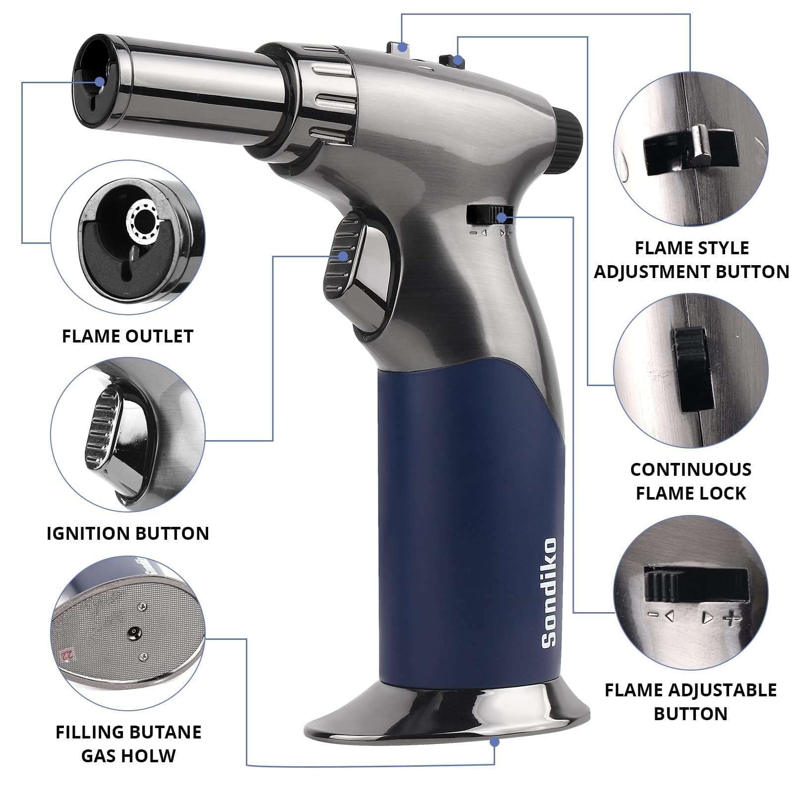 Sondiko Butane Torch, Dual Adjustable Flame Size Butane Torch Lighter, Mini Blow Torch, Refillable Blow Torch with Continuous Flame Lock for Creme Brulee, Cooking (Butane Gas Is Not Included)
