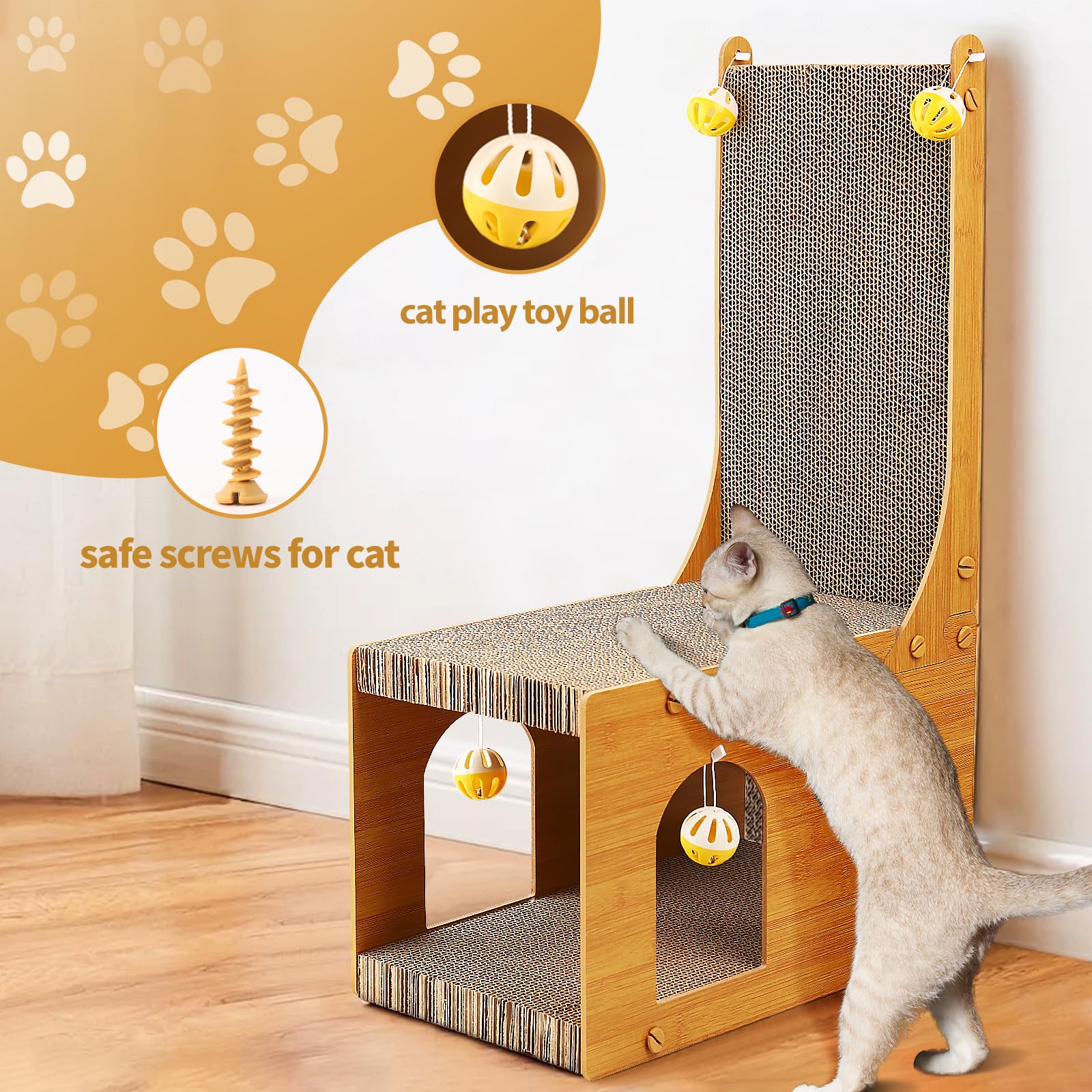 YEMOO Cat Scratcher, Cat Scratching Board, L Shaped Vertical Cat Scratcher for Wall and Couch Protection, Cat Scratching Board with 4 Cat Ball Toys for Indoor Cats