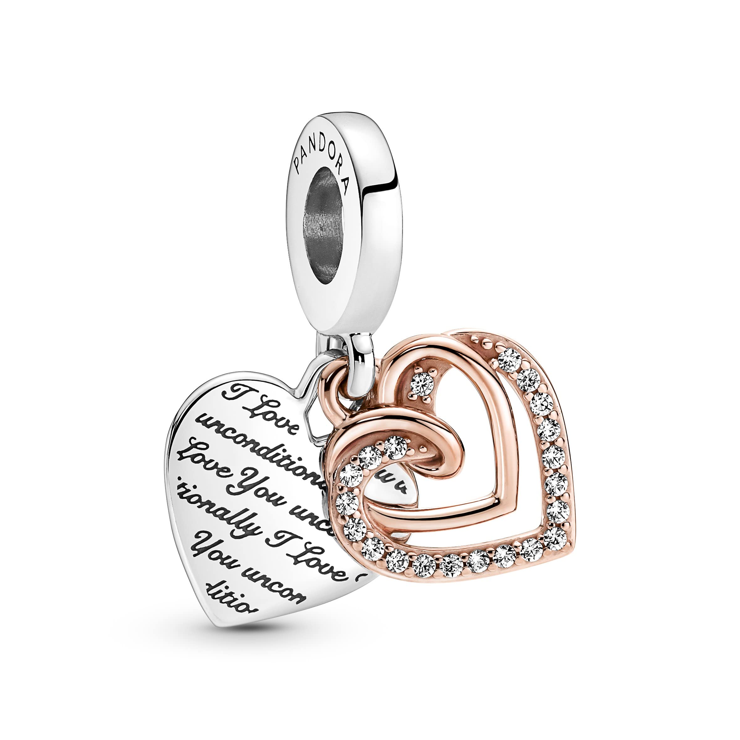 PANDORA Entwined Hearts Double Dangle Charm - Compatible with PANDORA Moments - Made with PANDORA Rose, Sterling Silver & Cubic Zirconia