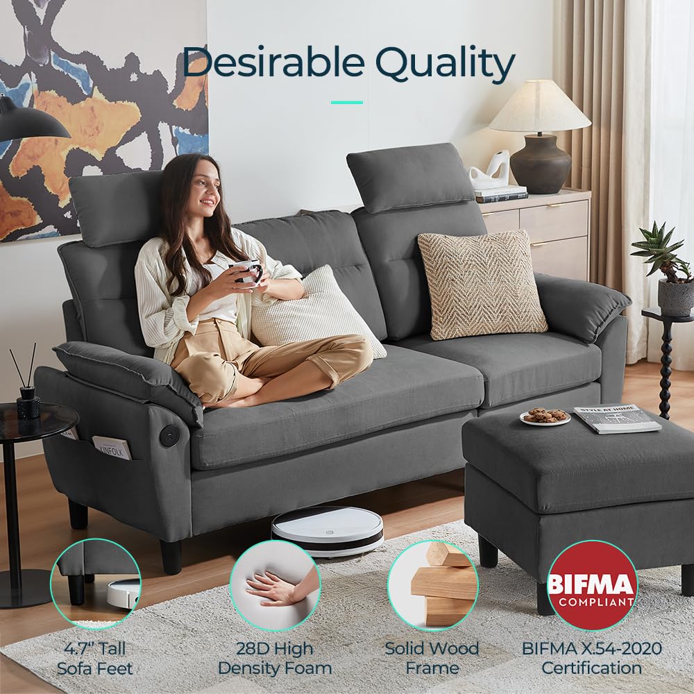 LINSY HOME Convertible Sectional Couch, High Back L Shaped Sofa with Two Removable Headrests and Type-C Fast Charging Ports, Small Sectional Sofa for Living Room, Dark Grey, LH012